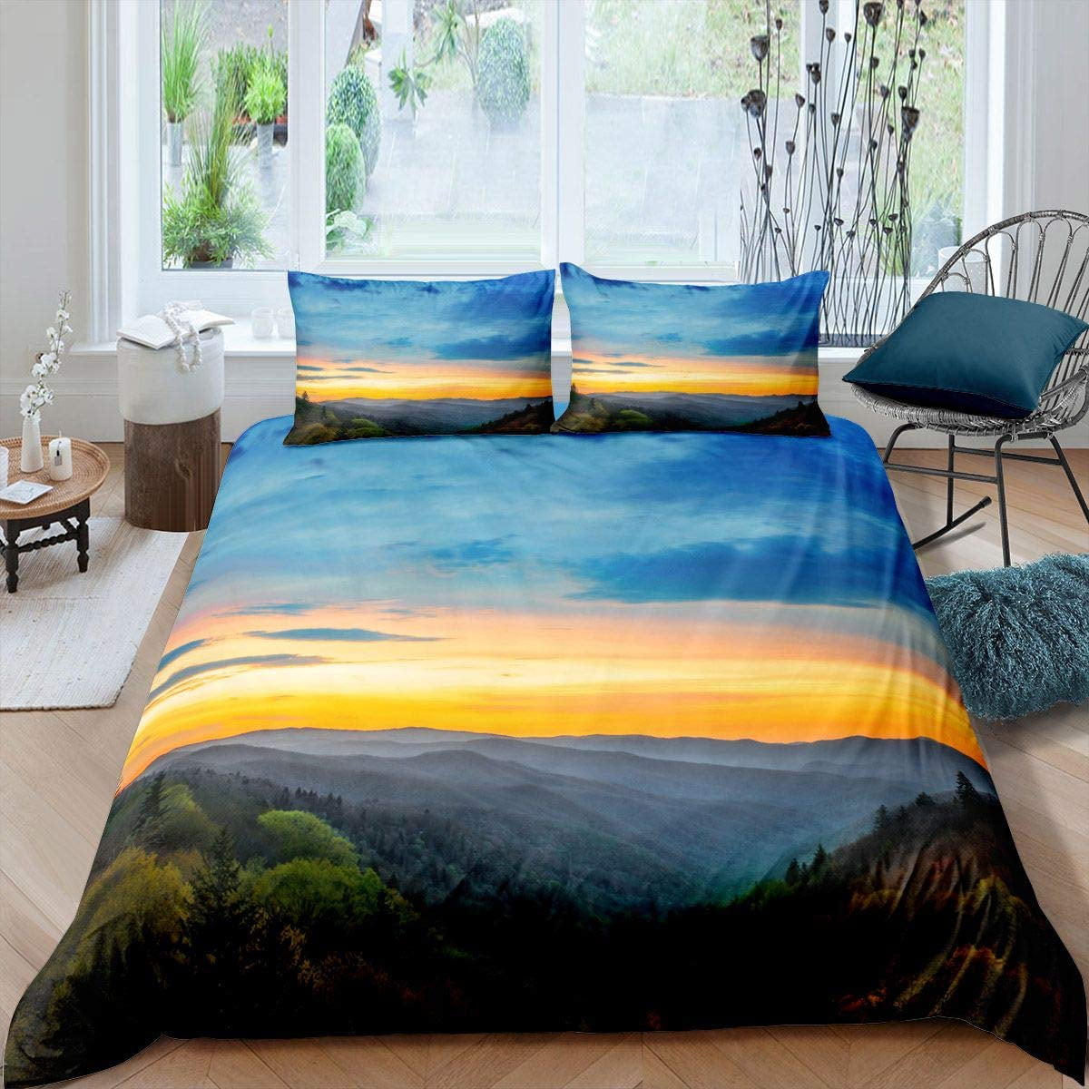 Smoky Mountain Print King Duvet Cover Grey Fog Pine Trees Bedding Set ...