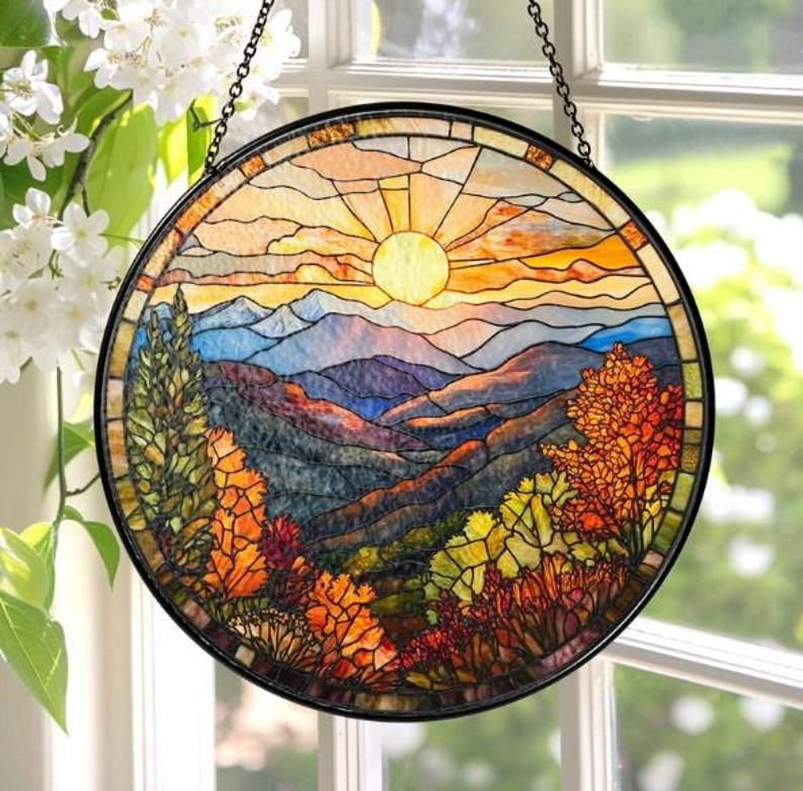 Smoky Mountains Stained Glass Suncatcher, Mountain Sunset Window ...