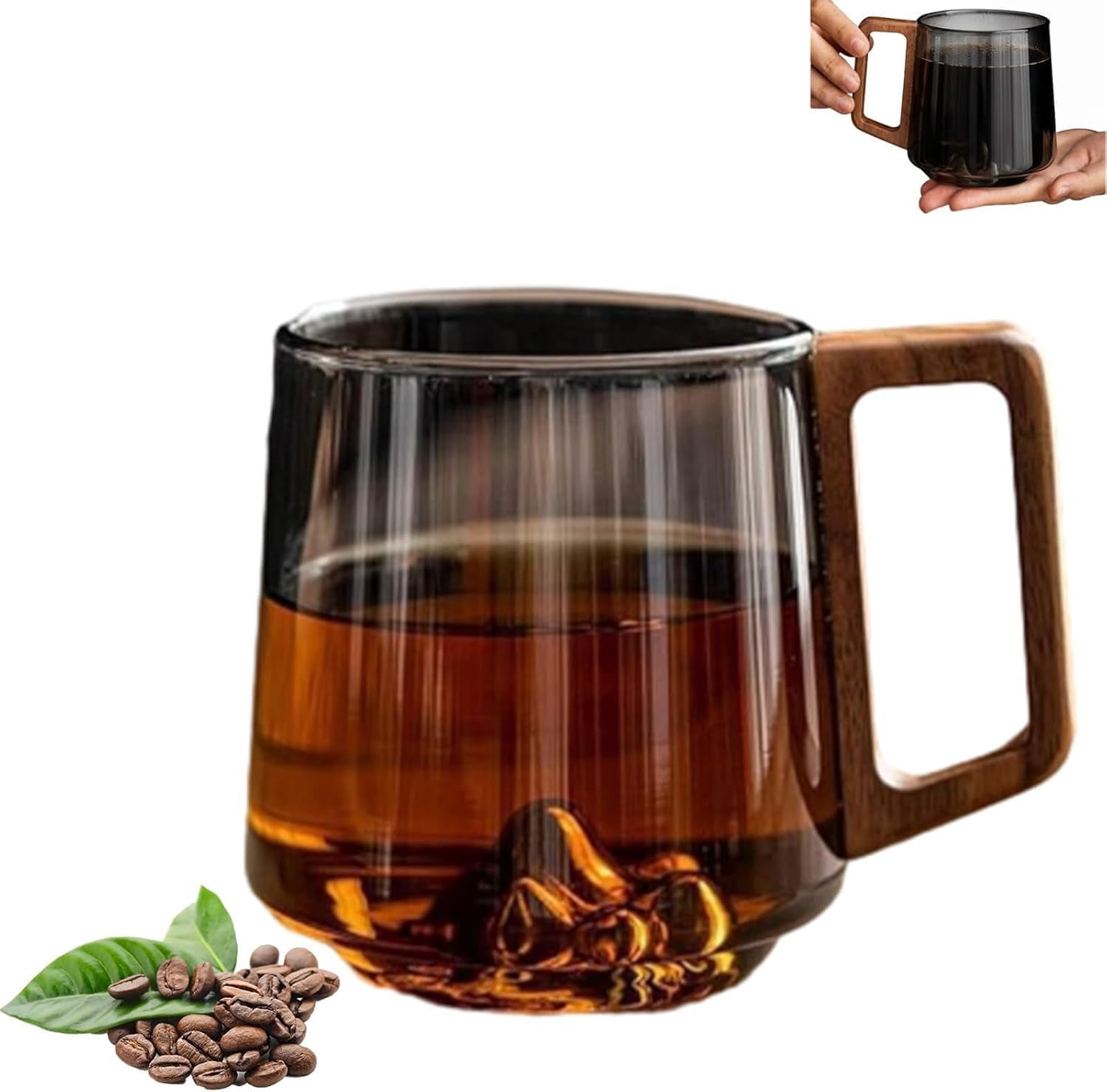 Smoky gray glass coffee mug with a slanted rim and wooden handle ...
