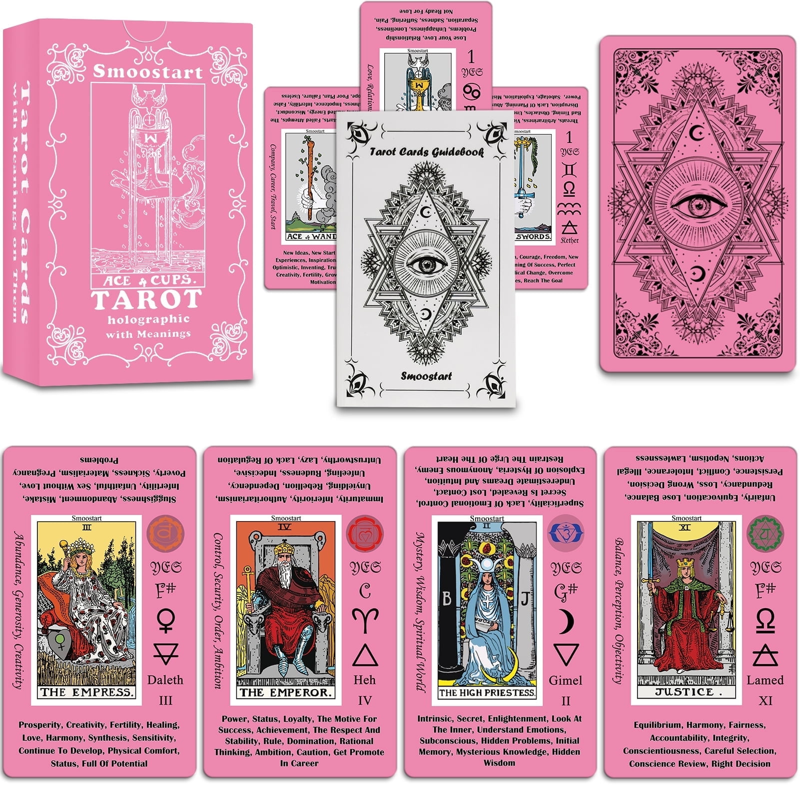 Smoostart Pink Holographic Laser Tarot Deck for Beginners with Meanings ...