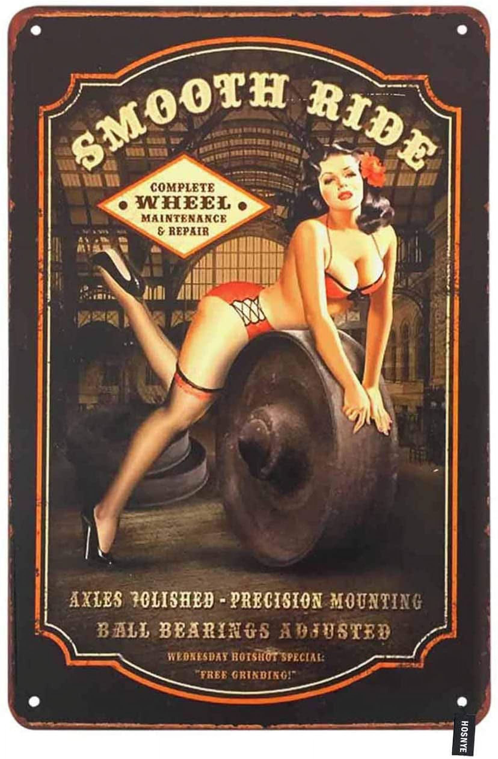 Smooth Ride Wheel Pin Up Girl Tin Sign Sexy Woman Lie Down The Wheels Vintage Metal Tin Signs ...