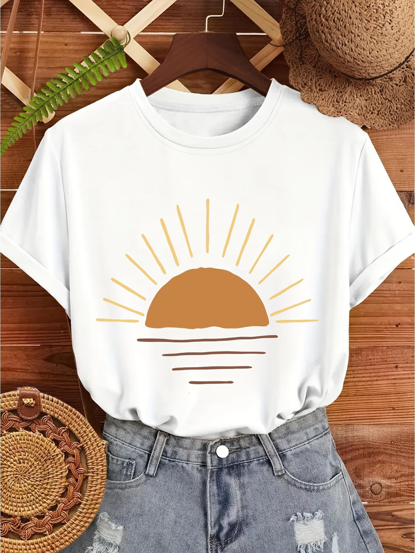 [Smooth Texture] Women's Casual Sunrise Graphic Tee - Green, Short ...