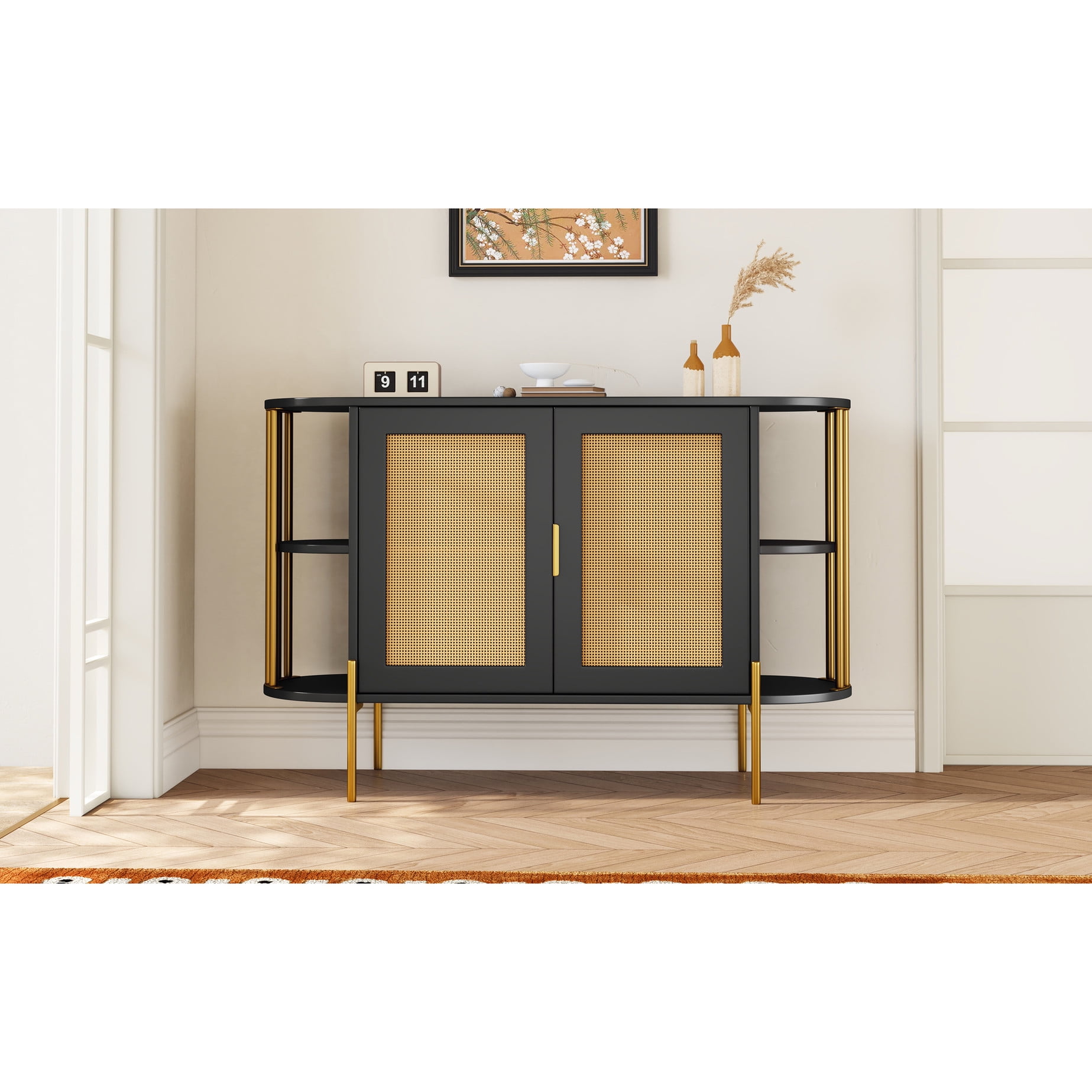 Smooth - surfaced sideboard with woven rattan and gold accents for ...