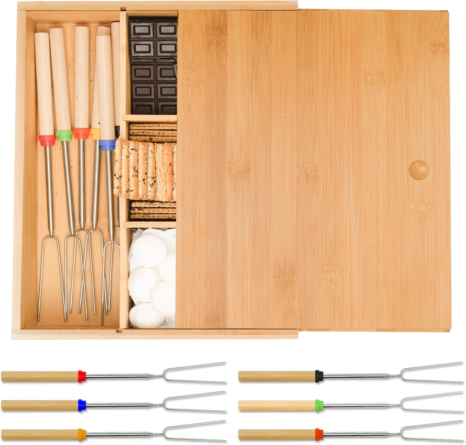 Smores Kits,Bamboo Smores Box with a Lid,Smores Caddy with 6Pcs ...