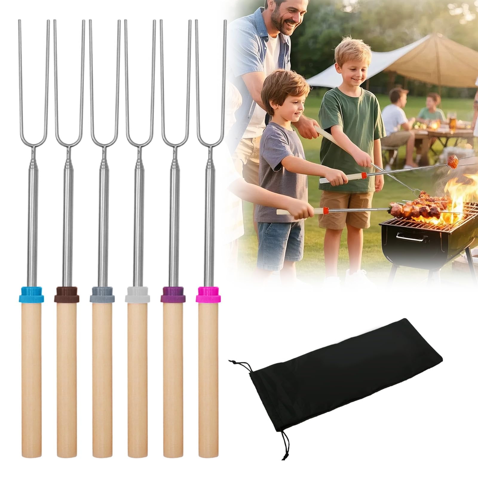 Smores Sticks for Fire Pit, Marshmallow Roasting Sticks with Wood Handle, 32" Extendable ...