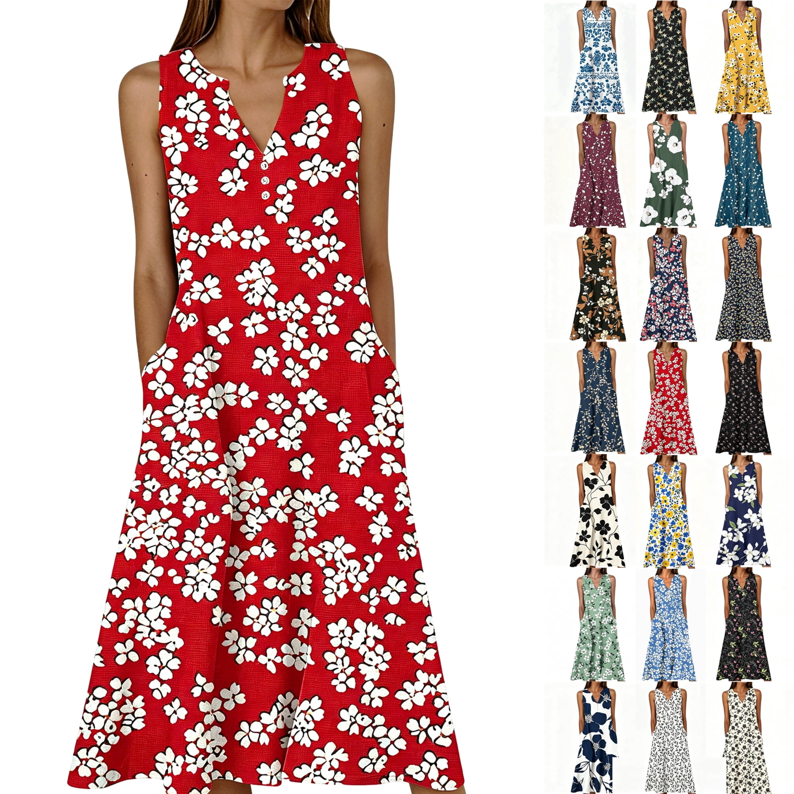 Smsaxvxz Dresses for Women Fashion Floral Printed Button V-neck ...