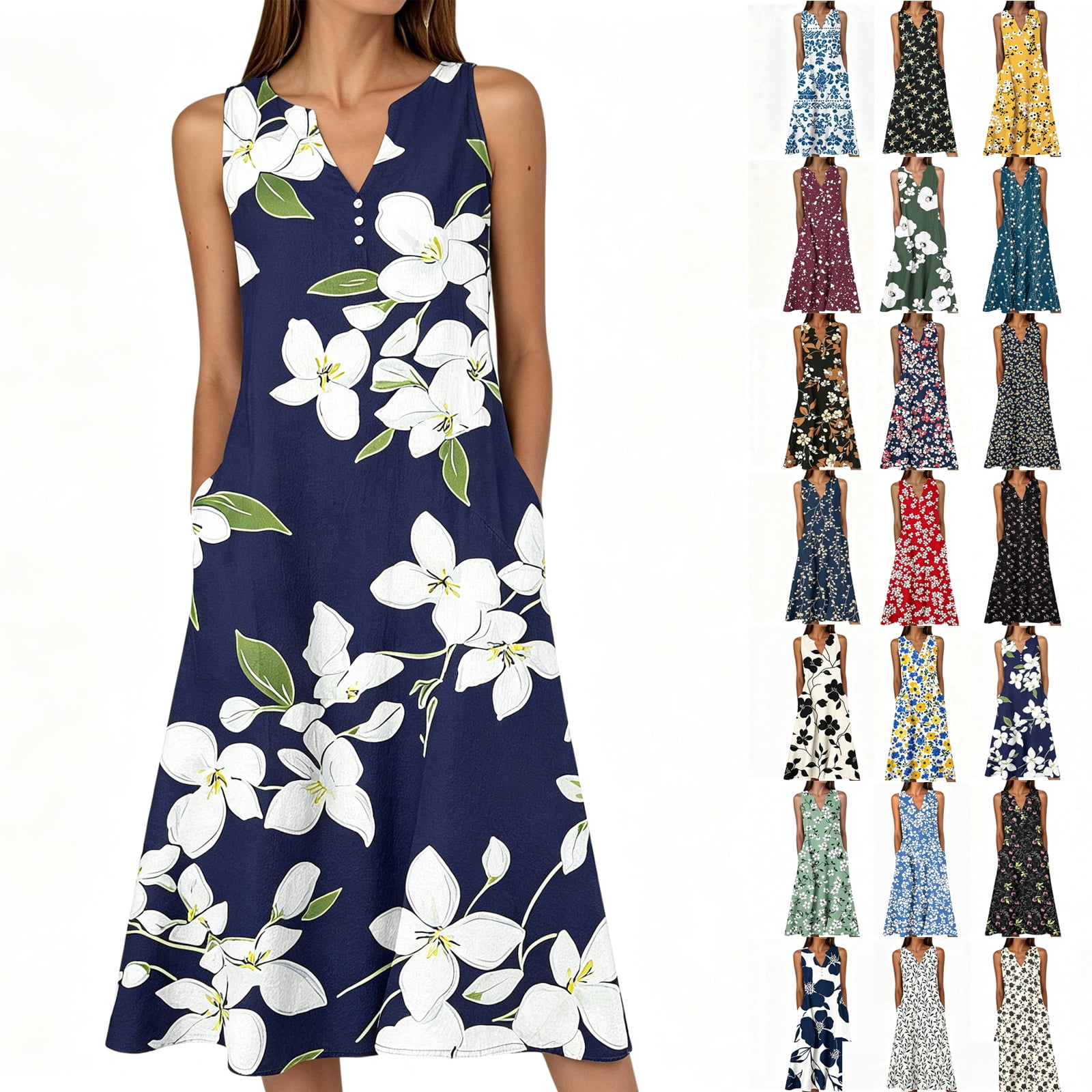 Smsaxvxz Dresses for Women Fashion Floral Printed Button V-neck ...