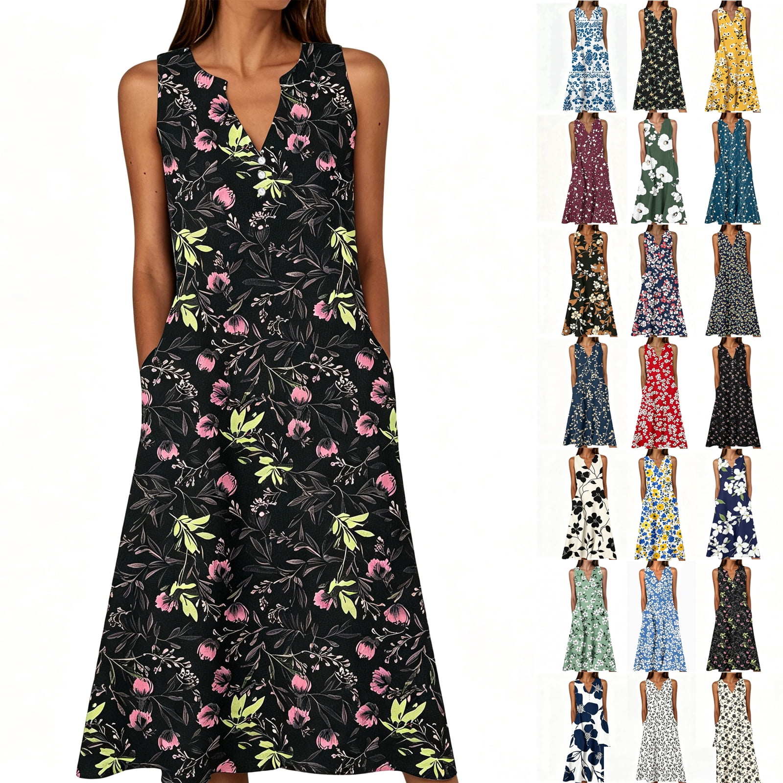 Smsaxvxz Dresses for Women Fashion Floral Printed Button V-neck ...