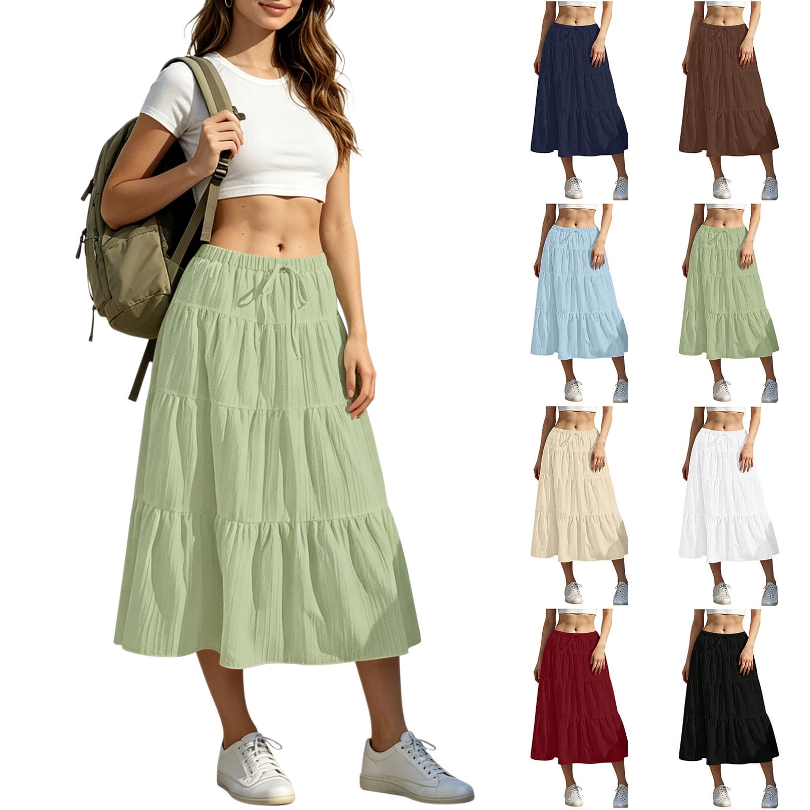 Smsaxvxz Women's Boho Maxi Skirts 2026 Summer Smocked Tiered A Line ...