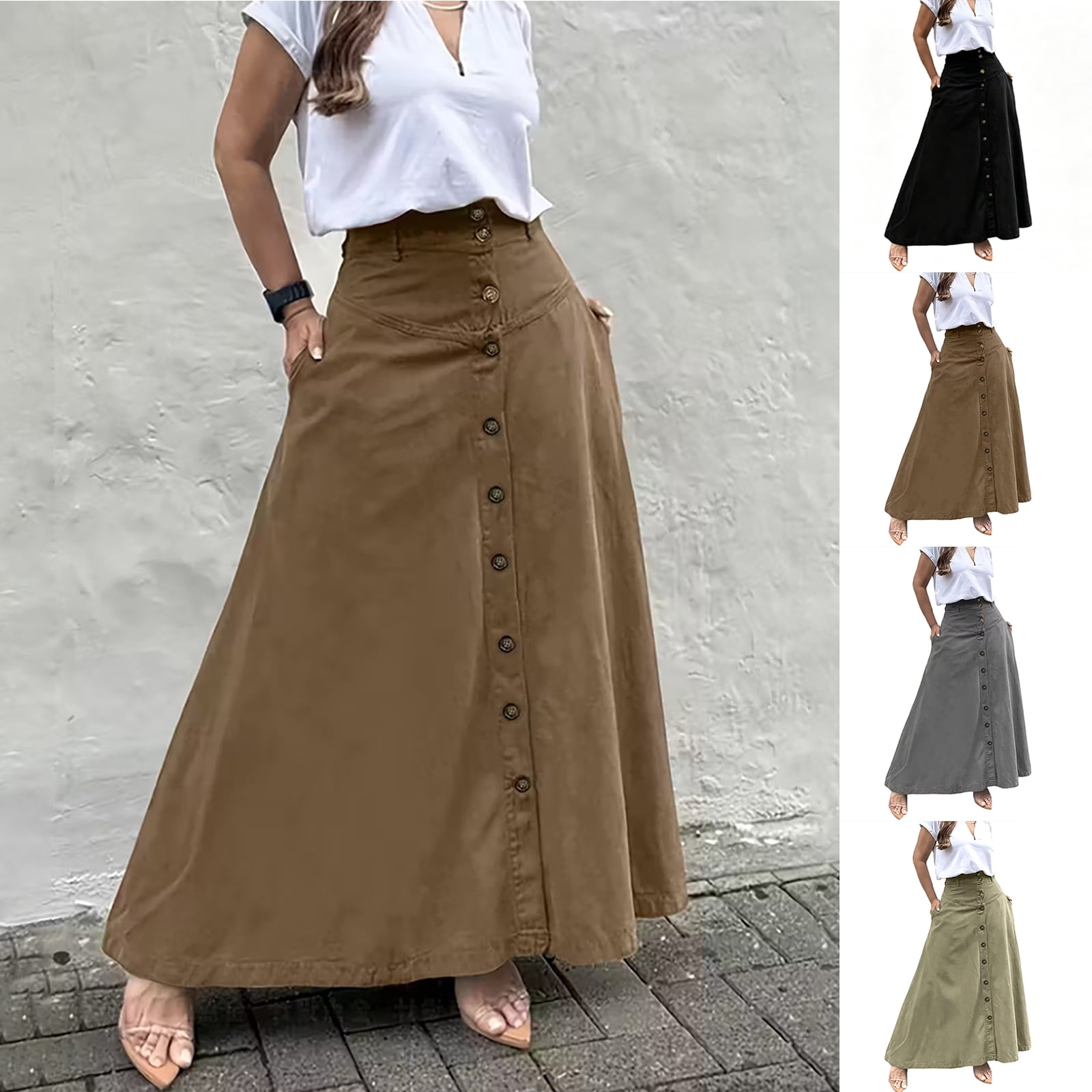 Smsaxvxz Women's Casual Button Down High Waisted A Line Front Split ...