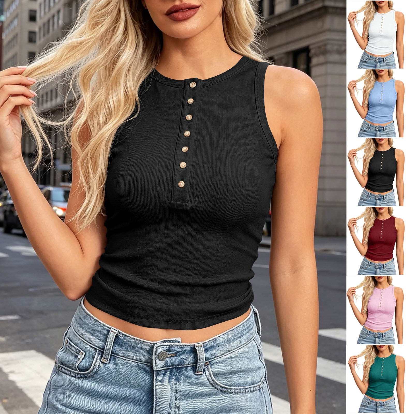 Smsaxvxz Women's Fashion Tank Tops Summer Button Crew Neck Sleeveless ...