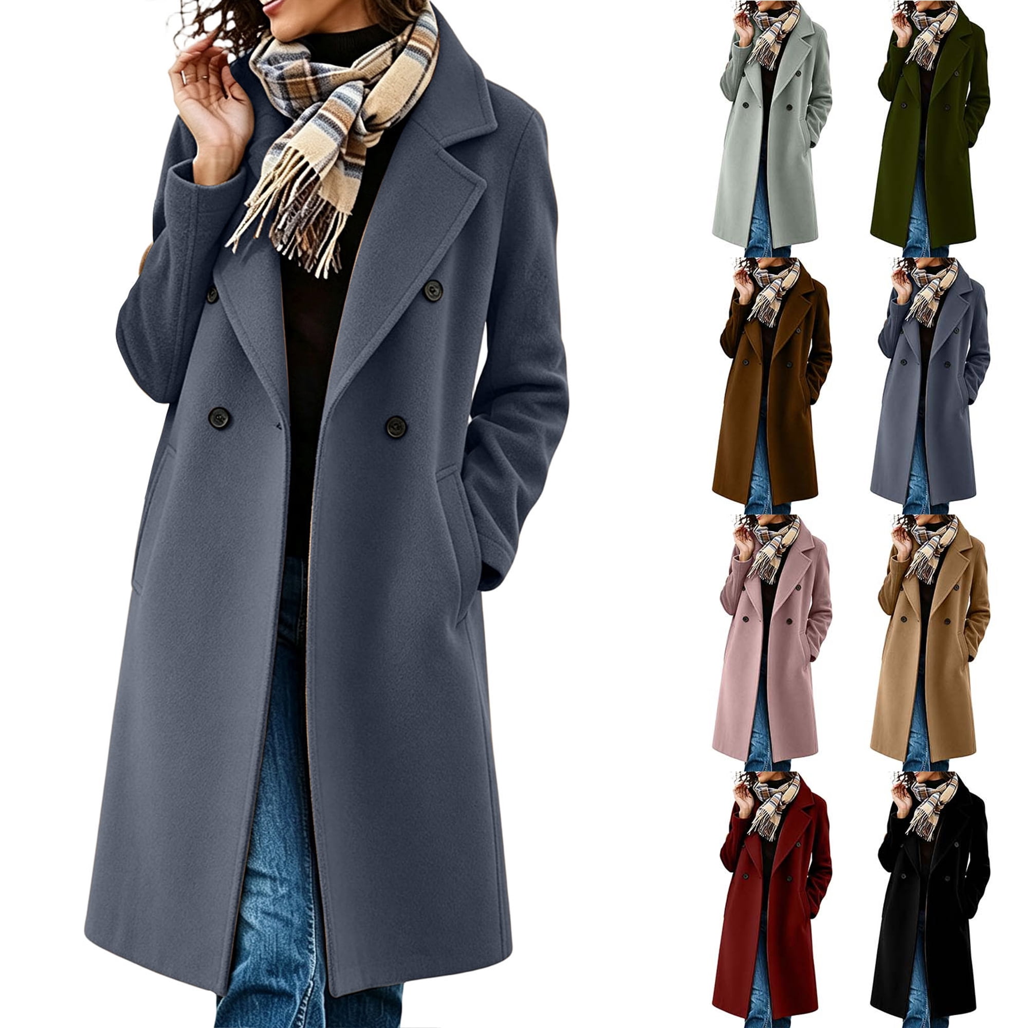 Smsaxvxz Women’s Notched Lapel Double Breasted Pea Coat Long Coats Fall ...