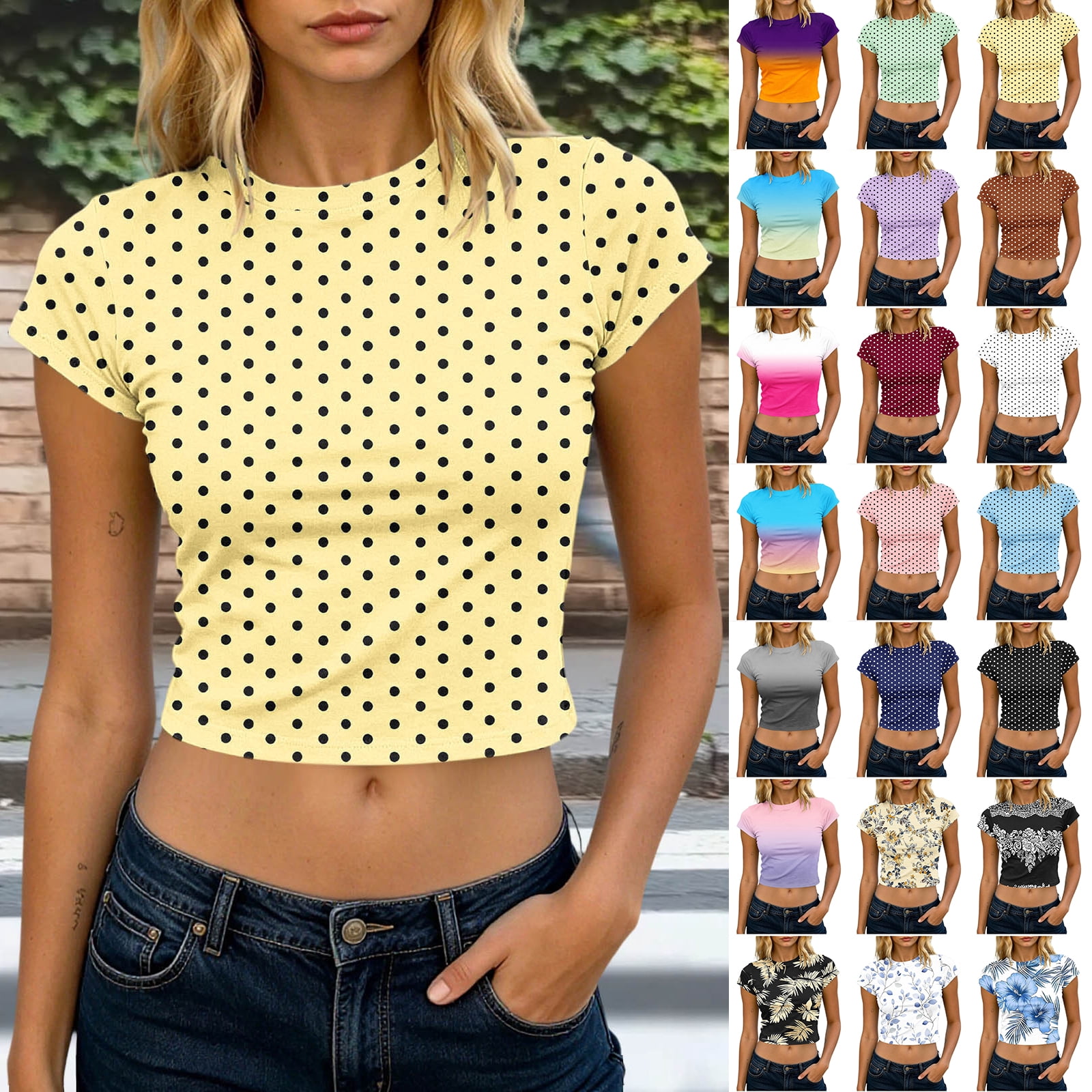 Smsaxvxz Womens Summer Tops Fashion Polka Dots Round Neck Short Sleeve ...