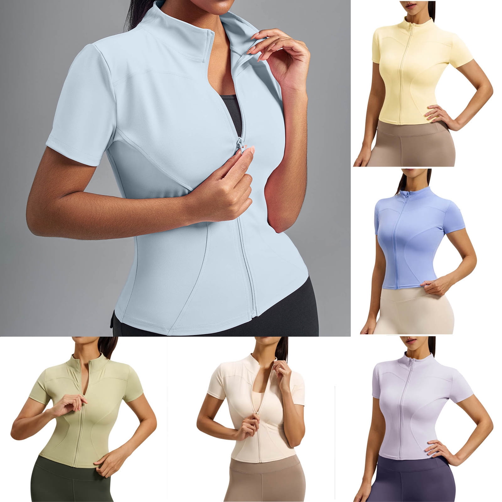 Smsaxvxz Womens Summer Yoga Tops Fashion Round Neck Short Sleeve Zipper ...
