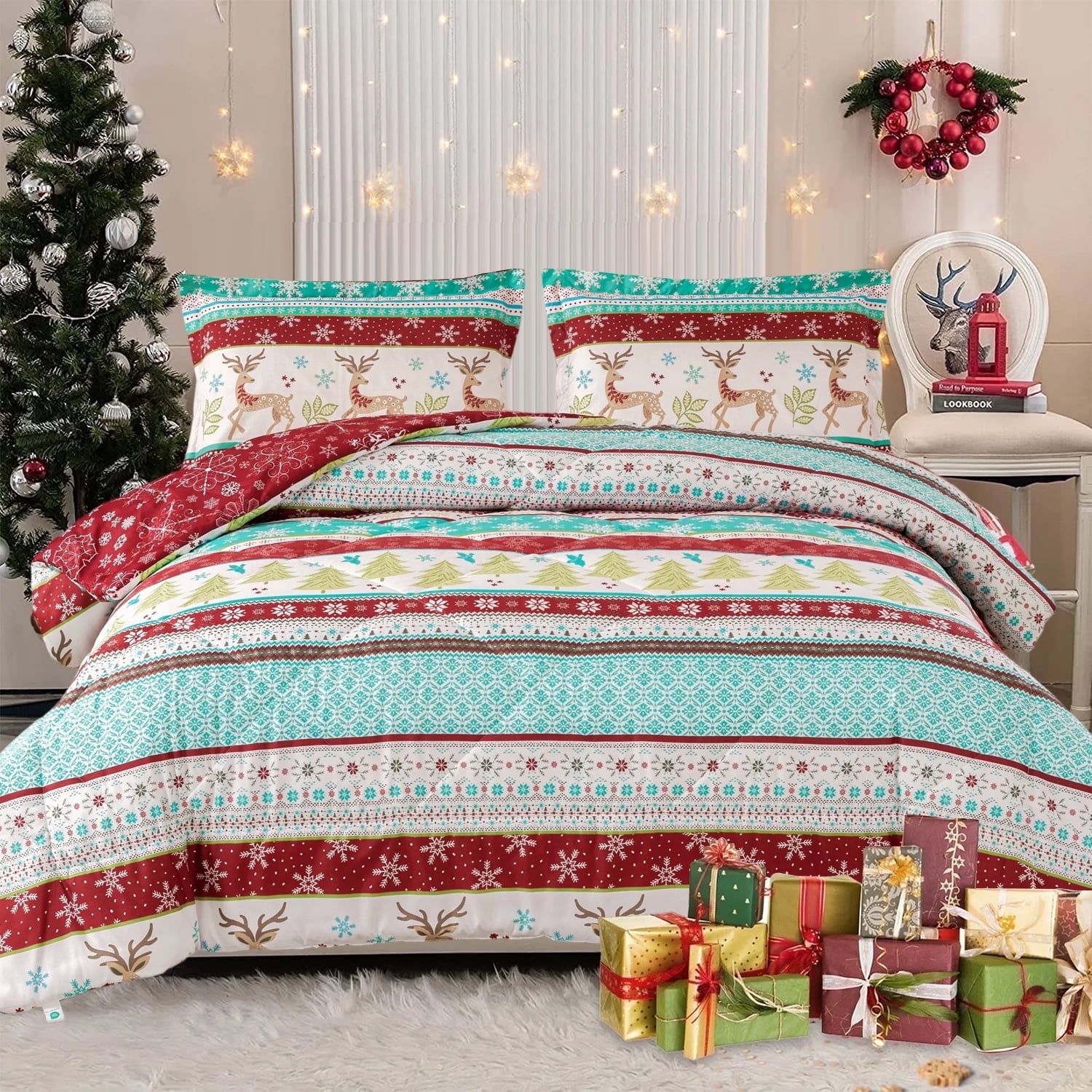 Smuge 3 Pcs Christmas Comforter Set, Bed in a Bag Reindeer stripe Queen/Full Size Xmas Bedding ...