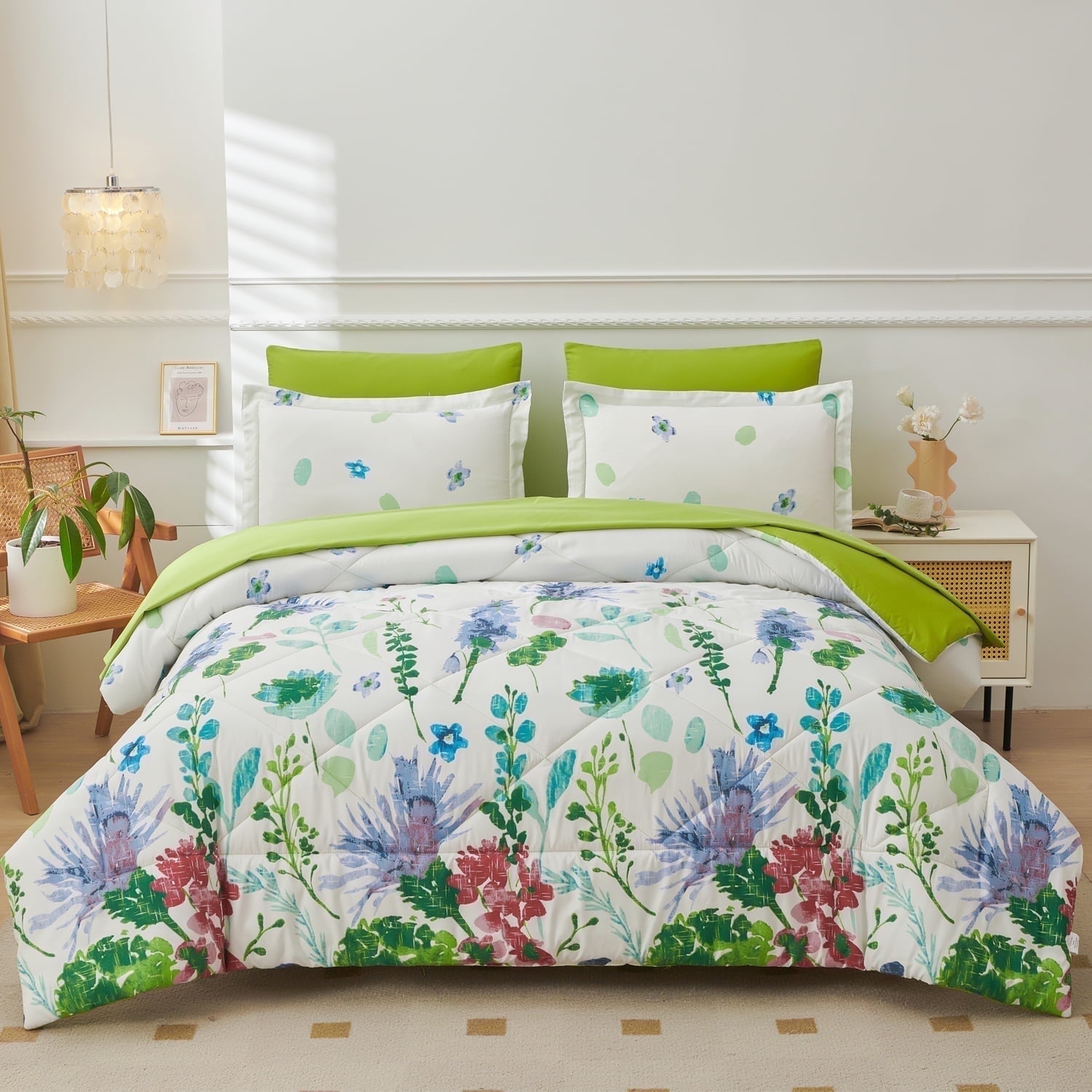 Smuge 3 Pcs Floral Bedding Comforter Set Green Purple Flower Queen/Full Size Bed in a Bag Fitted ...