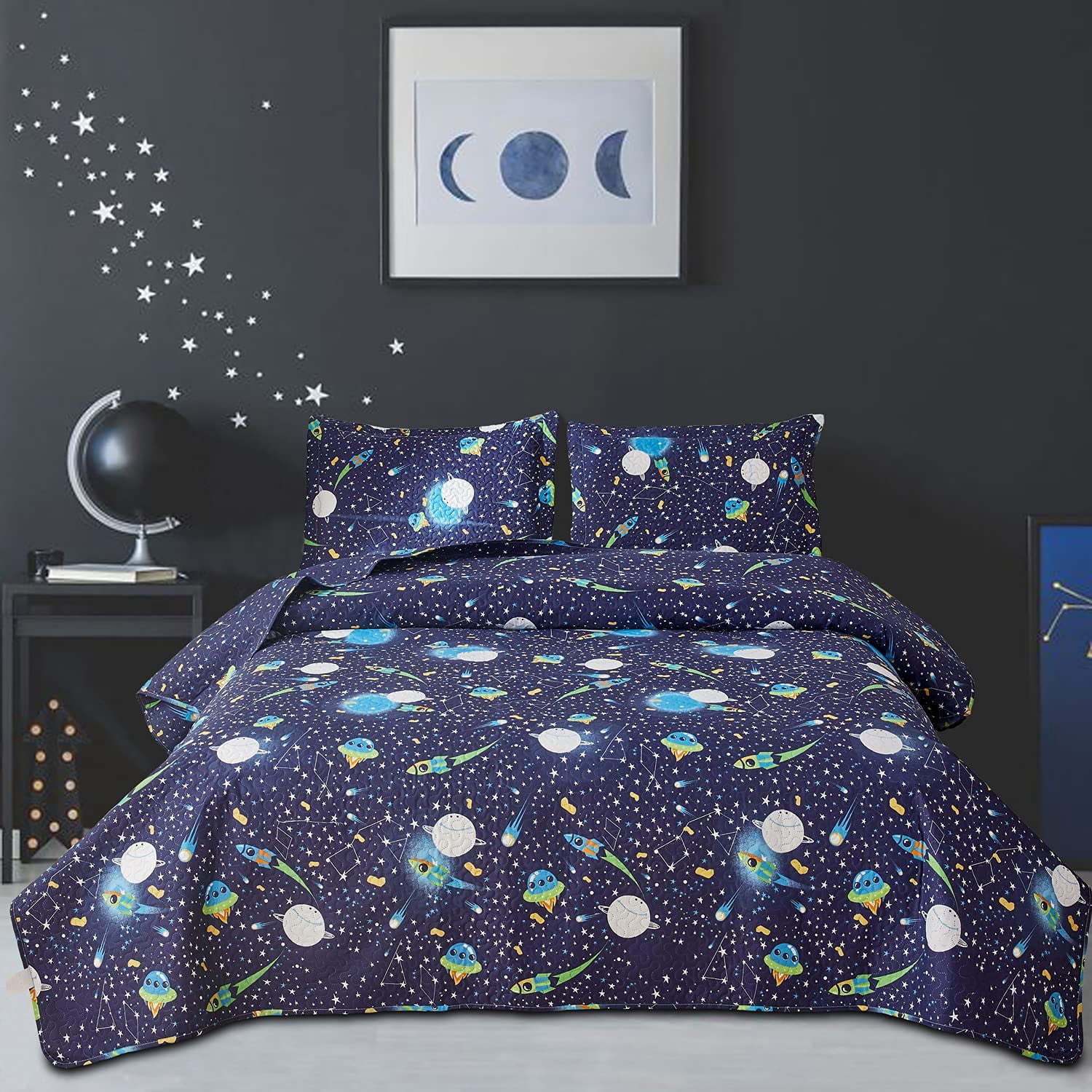 Smuge 3 Pcs Lightweight Space Quilts Twin Size Kids Moon Star Galaxy ...