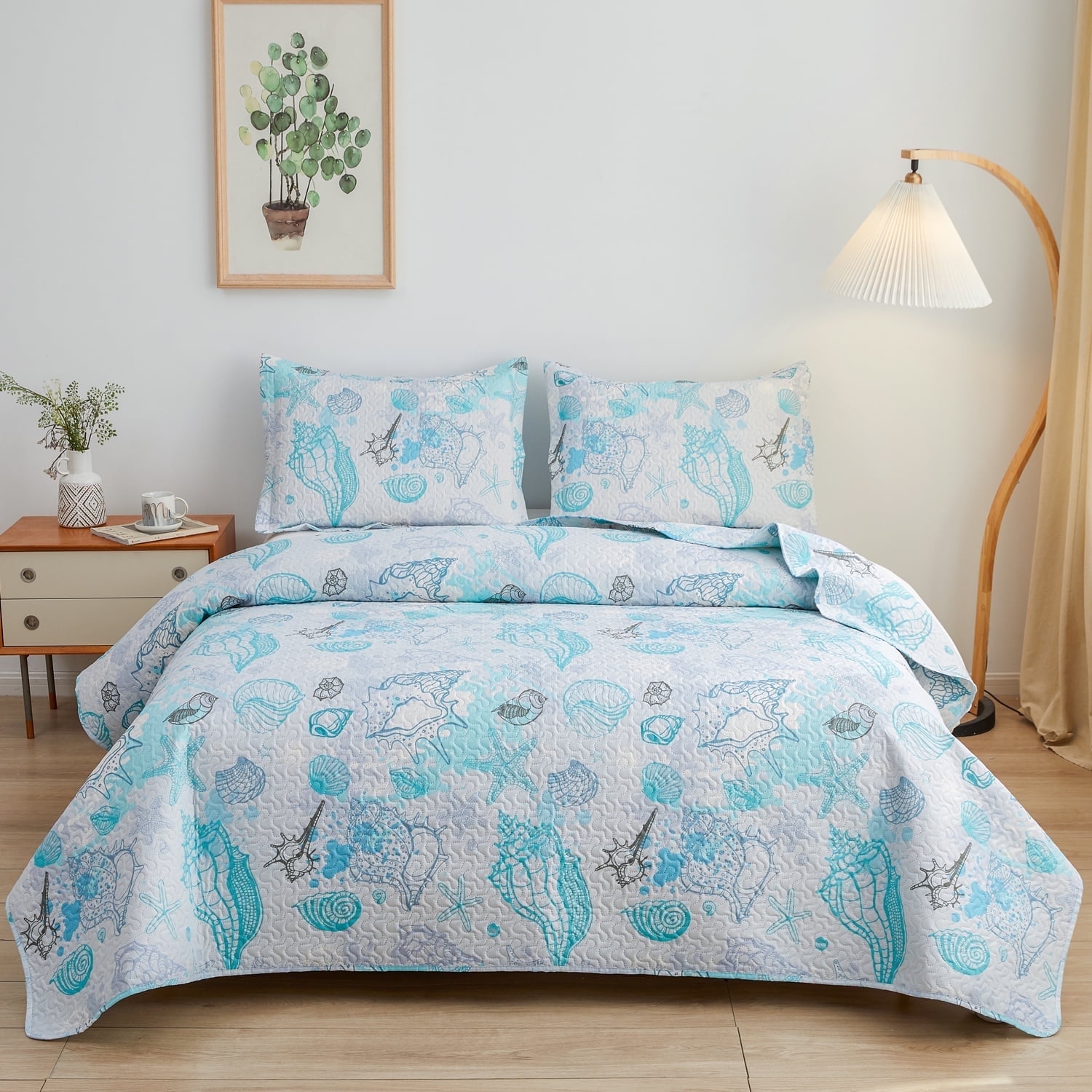 Smuge 3 Pcs Ocean Quilts King Size Conch Seashell Starfish Bedding Set,Soft Microfiber ...