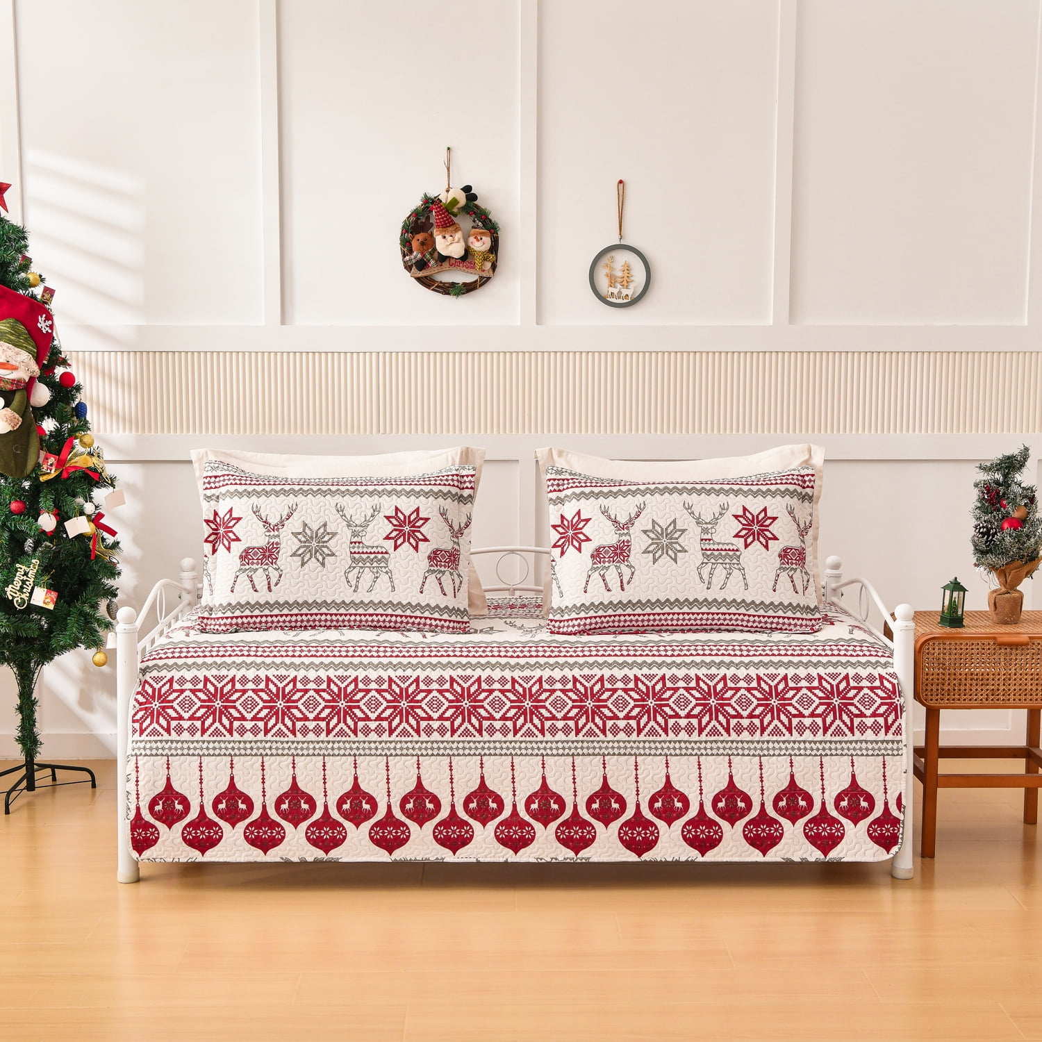 Smuge 3 Piece Christmas Daybed Cover Set, 39"x75" Lantern Elk Double Sided Quilting Classic ...