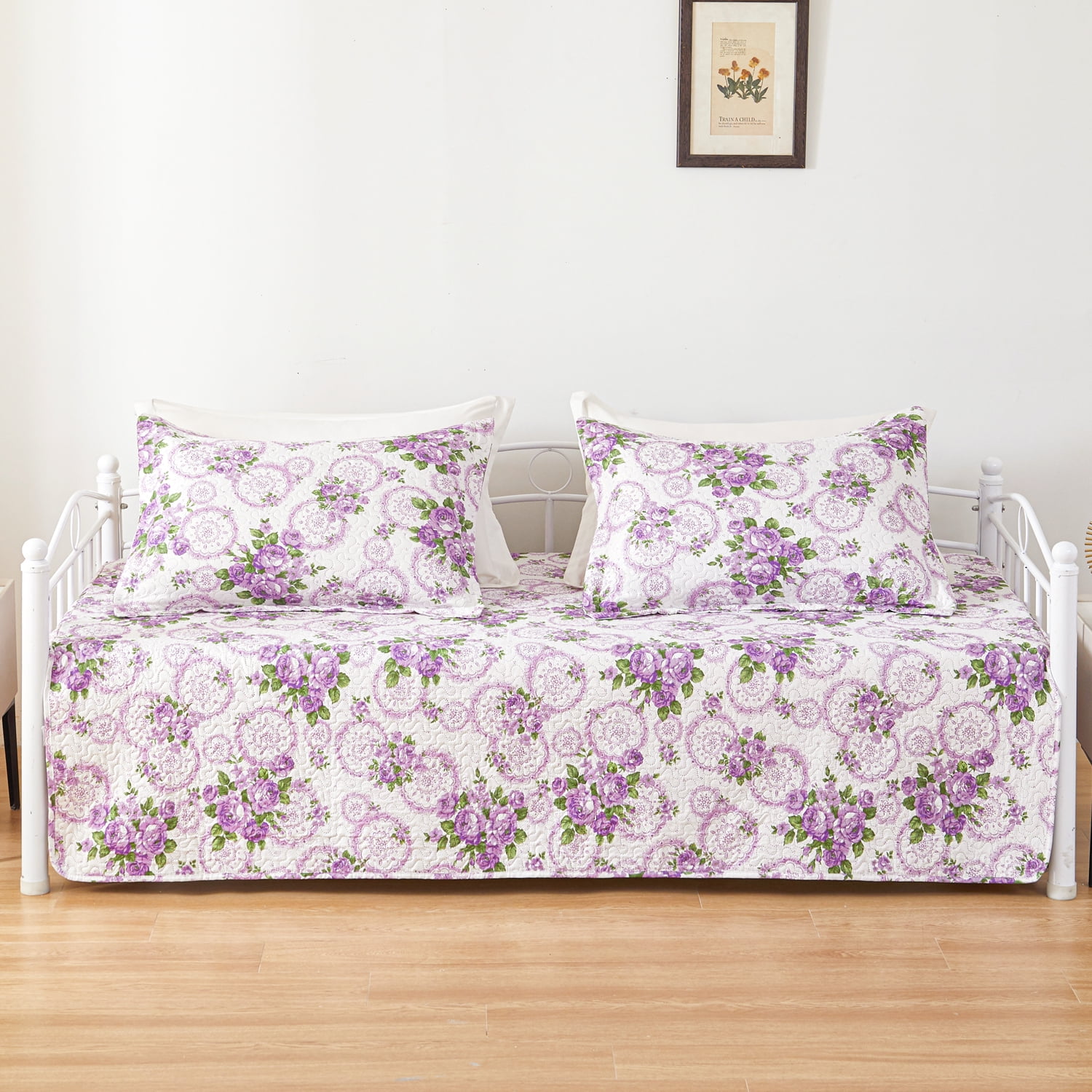 Smuge 3 Piece Daybed Cover Set, Purple Flowers Double Sided Quilting ...