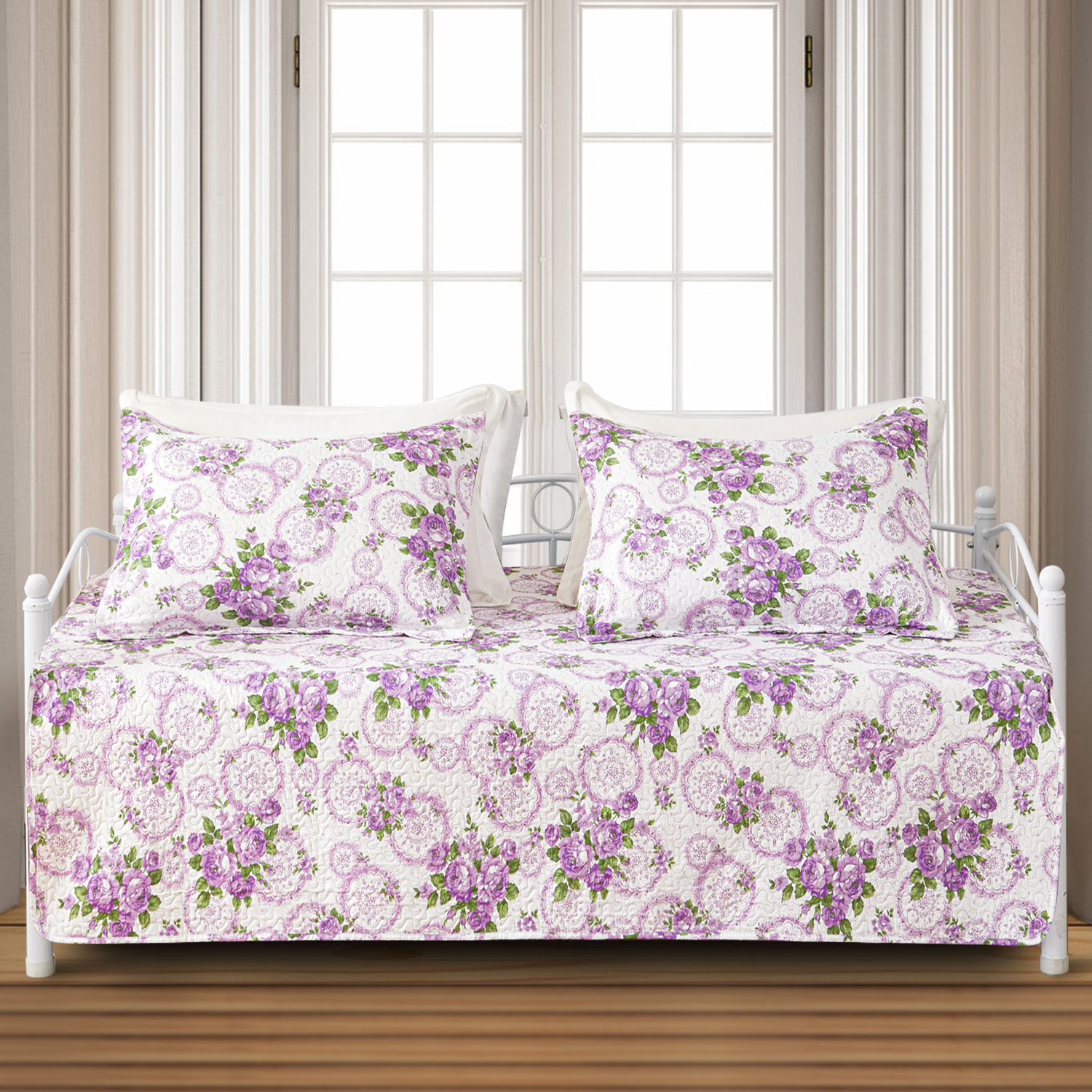Smuge 3 Piece Daybed Cover Set, Purple Flowers Double Sided Quilting ...