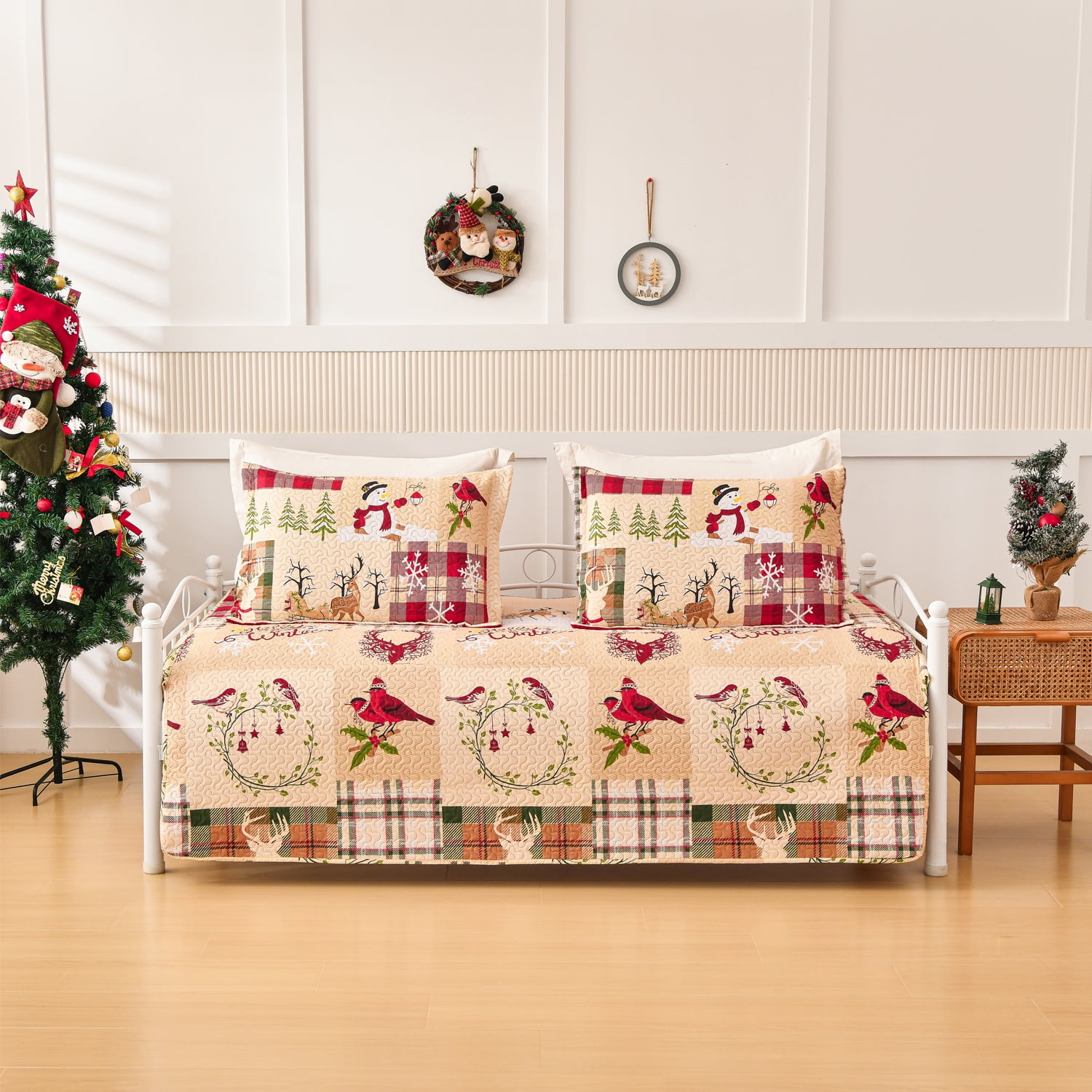 Smuge 3 Piece Christmas Daybed Cover Set, 39"x75" Snowman Elk Double Sided Quilting Classic ...