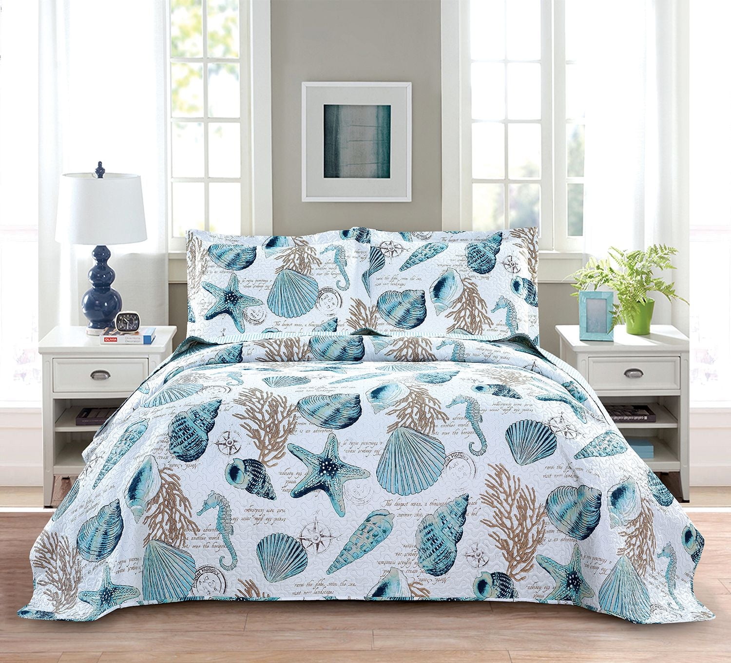 Smuge 3Pcs King Size Sea shell Quilt Sets, Soft Lightweight Microfiber ...