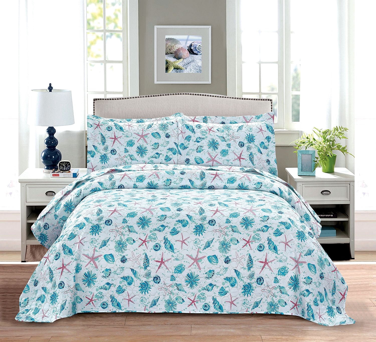 Smuge 3Pcs Queen/Full Size Seashell Bedding( 1 Microfiber Quilted ...