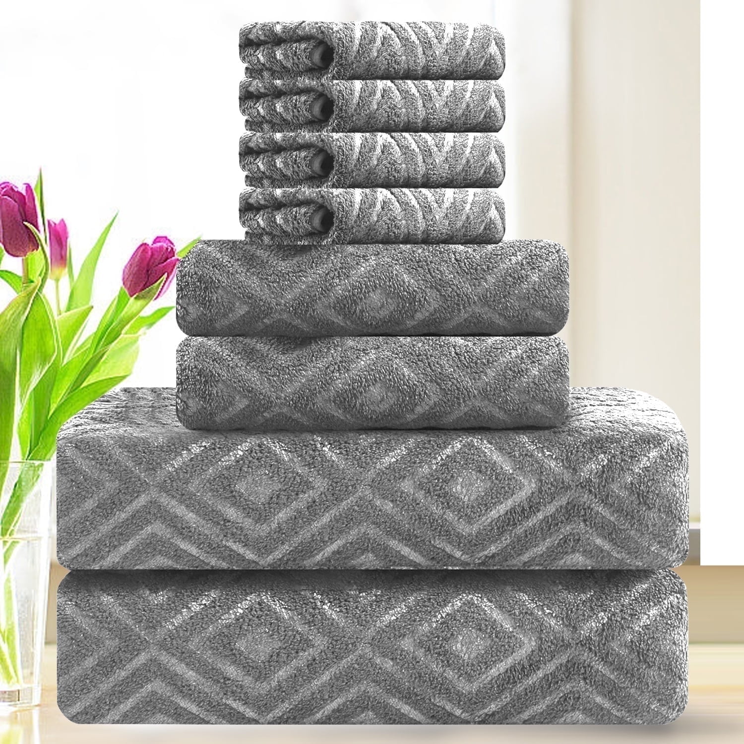 Smuge 8 Piece Oversized Microfiber Bath Towel Set, 600 GSM Ultra Soft Large Towels in Dark Grey ...