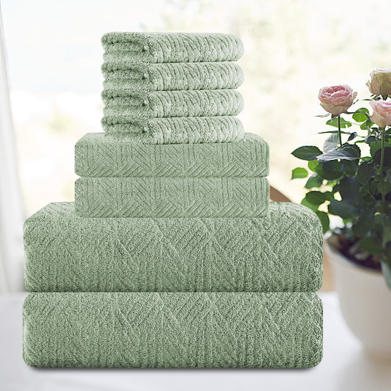 Smuge 8-Piece Light Green Towel Set: 2 Large, 2 Hand, 4 Washcloths, 600 GSM, Quick Dry ...