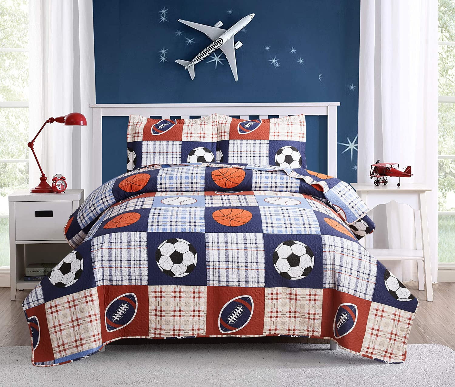 Smuge Boys Sports Bedding Plaid Twin Quilt Sets, 3Pcs Rugby Basketball ...
