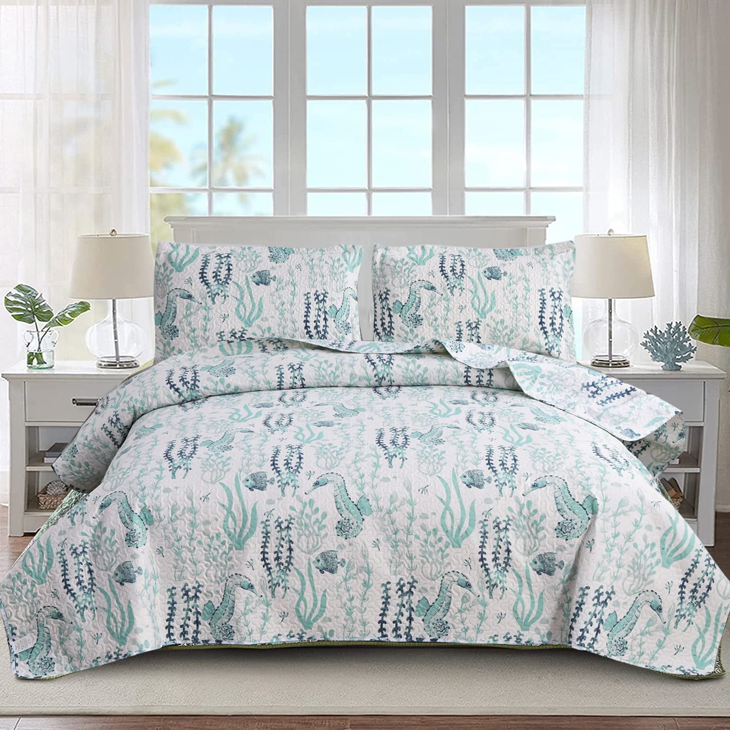 Smuge Ocean Theme 3 Piece Quilts King Size,Lightweight Coastal Beach ...