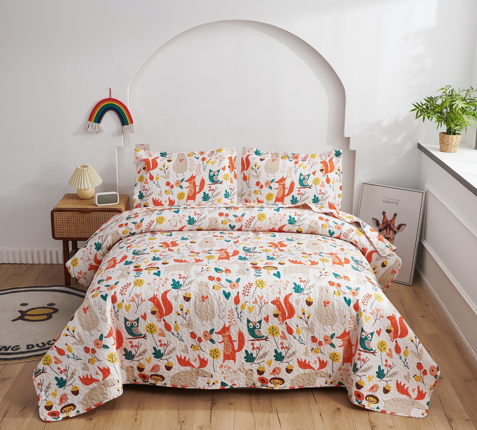 Smuge Quilt Set Blue Chrysanthemum Fox -Bedspread Coverlet Set 3-Piece Soft Reversible Includes ...