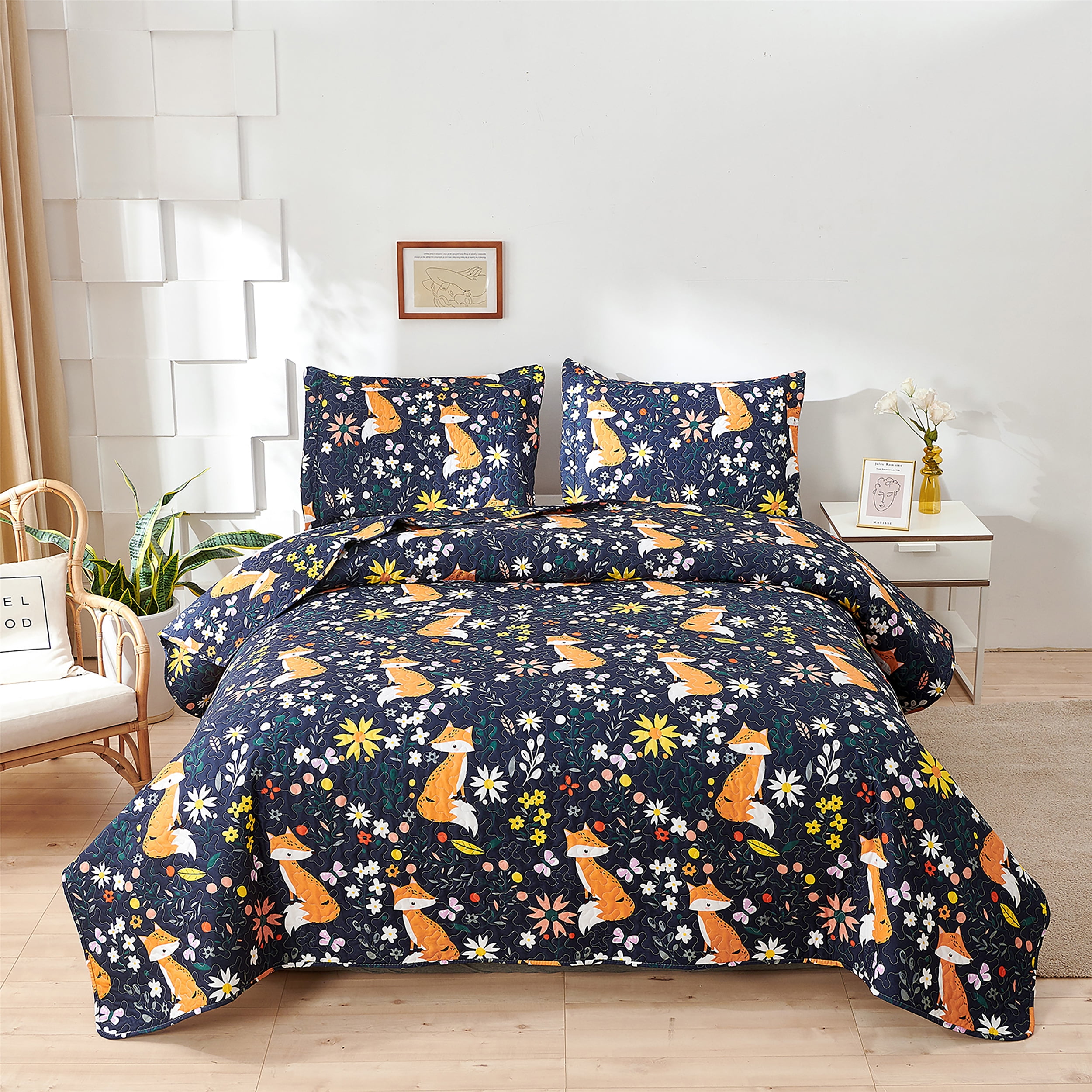 Smuge Quilt Set Blue Chrysanthemum Fox -Bedspread Coverlet Set 3-Piece Soft Reversible Includes ...