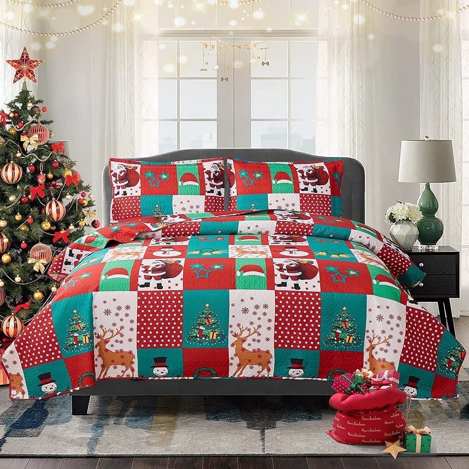 Smuge Reversible Christmas Santa Claus Bedding Set Green Red Plaid ...
