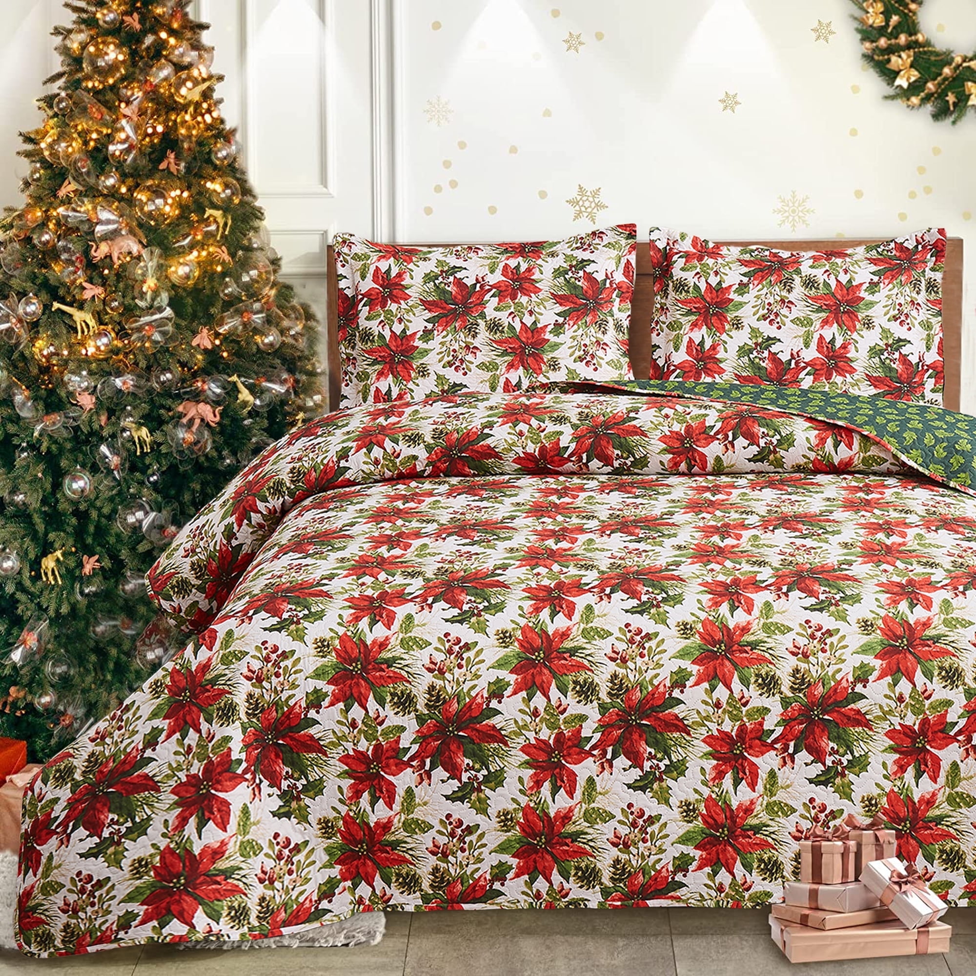 Smuge Reversible Floral Christmas Quilt Sets Queen Size Red Poinsettias ...