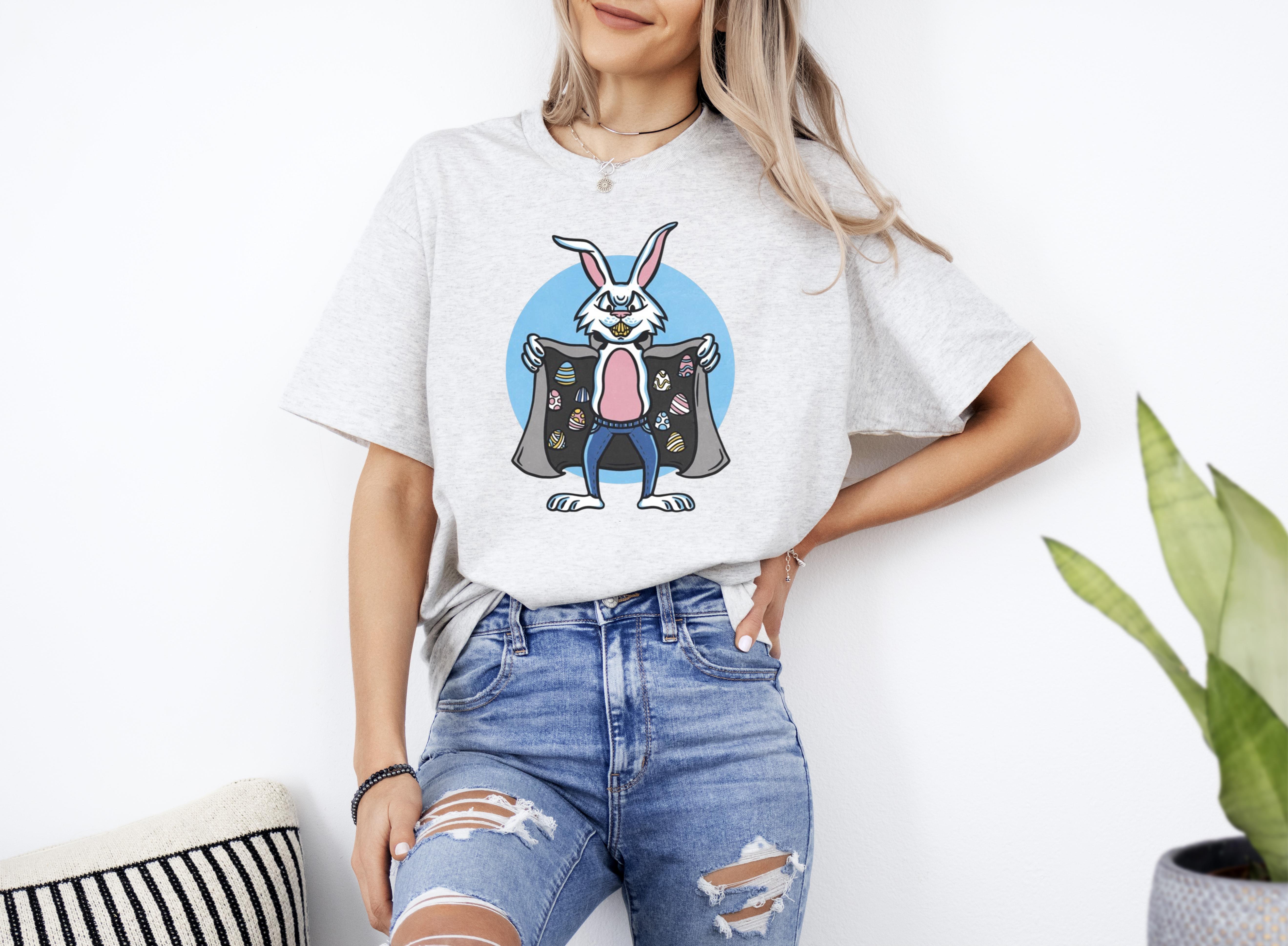 Smuggler Easter egg rabbit design on a T-shirt, featuring a mischievous ...