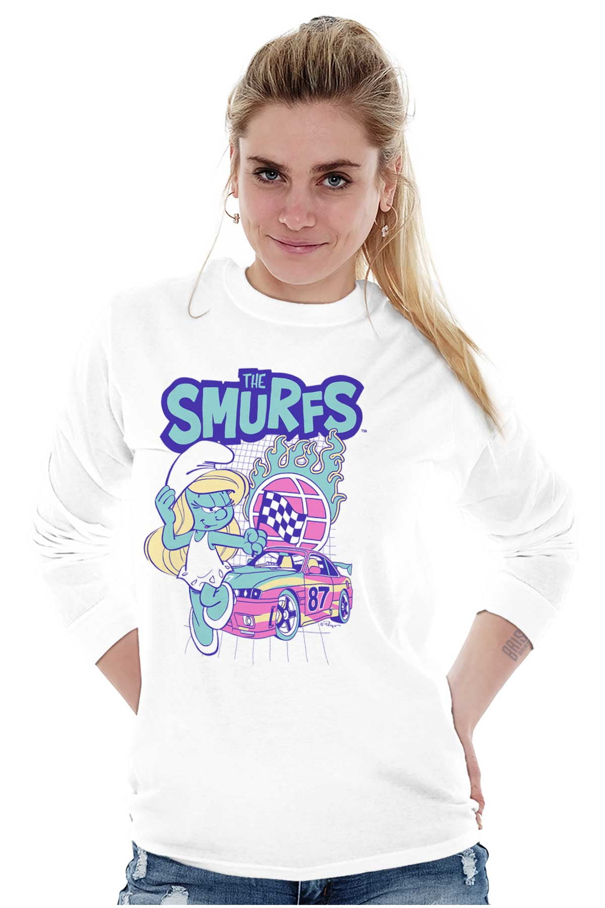 Smurfette Cartoon Flaming Racecar Women's Long Sleeve T Shirt Brisco ...