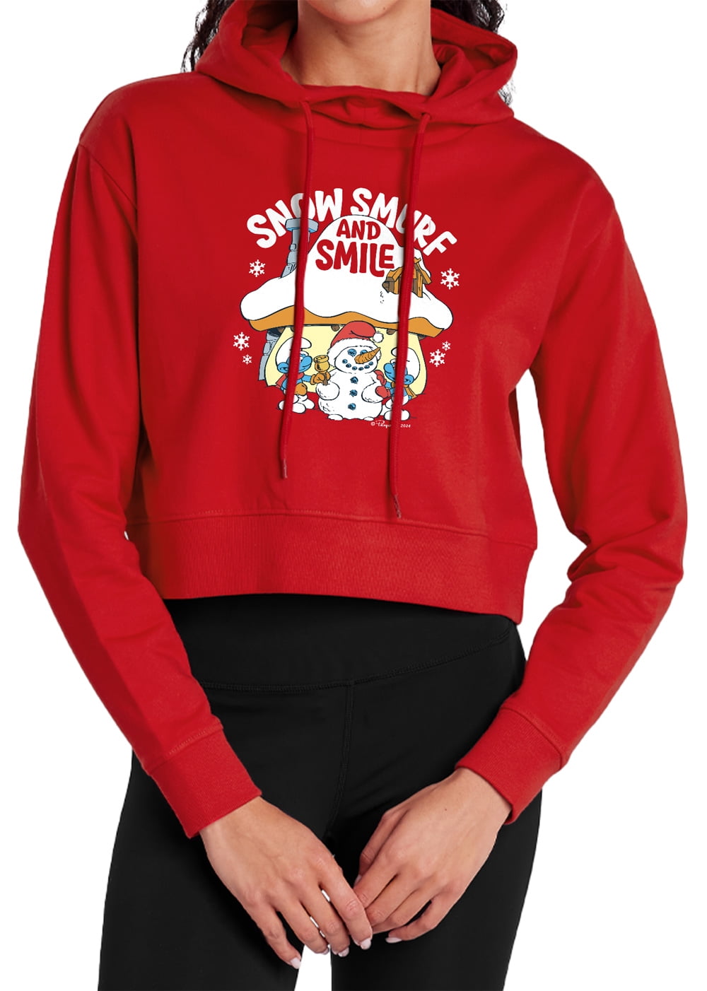 Smurfs Christmas Snow, Smurf And Smile Women's Cropped Hoodie Pullover ...