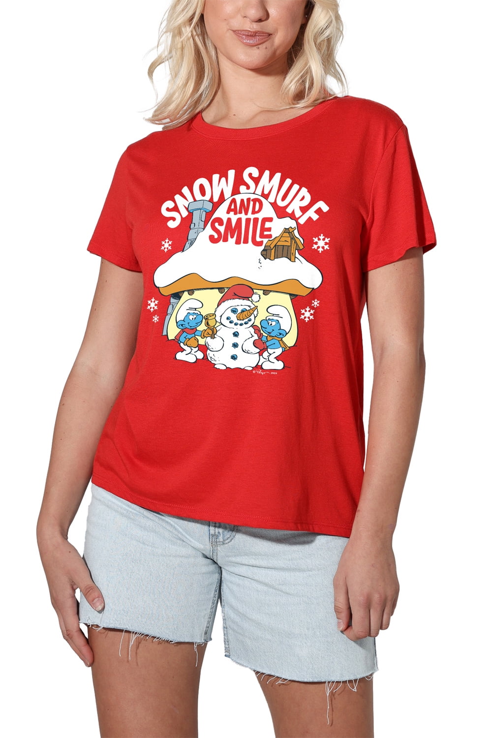 Smurfs Christmas Snow, Smurf And Smile Women's Loose T-Shirt, Red ...