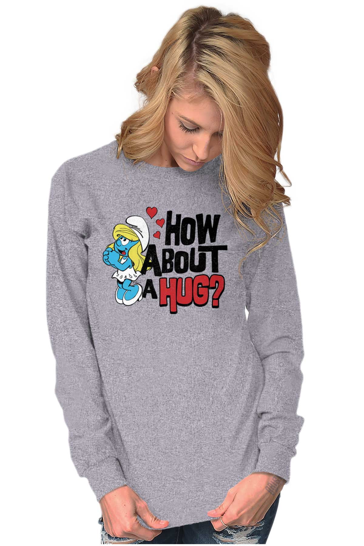 Smurfs Cute Smurfette How About a Hug Women's Long Sleeve T Shirt ...