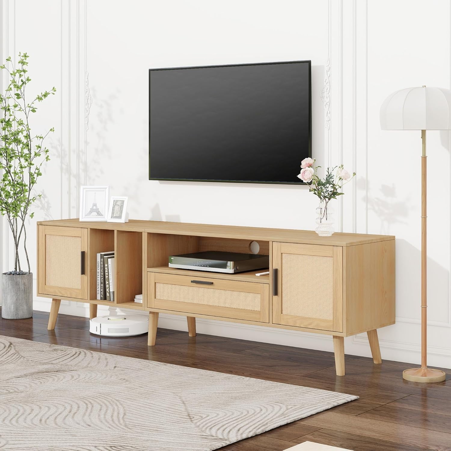 Smuxee 70.8" Rattan TV Stand, Rattan-Inspired Media TV Cabinet for TVs ...