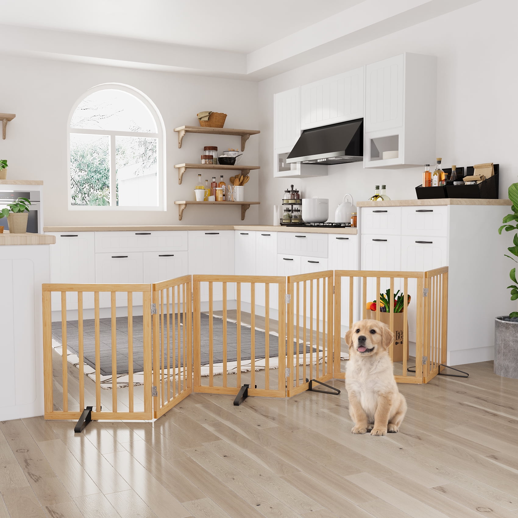 Smuxee Bamboo Freestanding Pet Gate Foldable Dog Gate with Support Feet ...