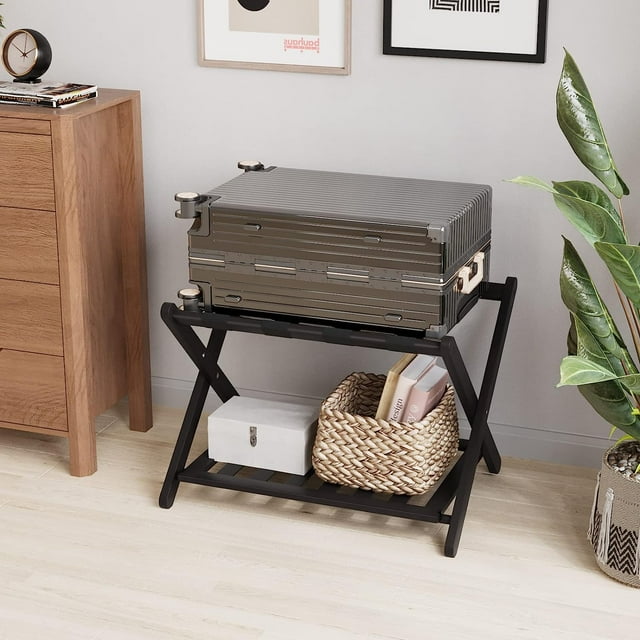 Smuxee Folding Bamboo Luggage Rack with Wooden Shelf, Hotel Style ...
