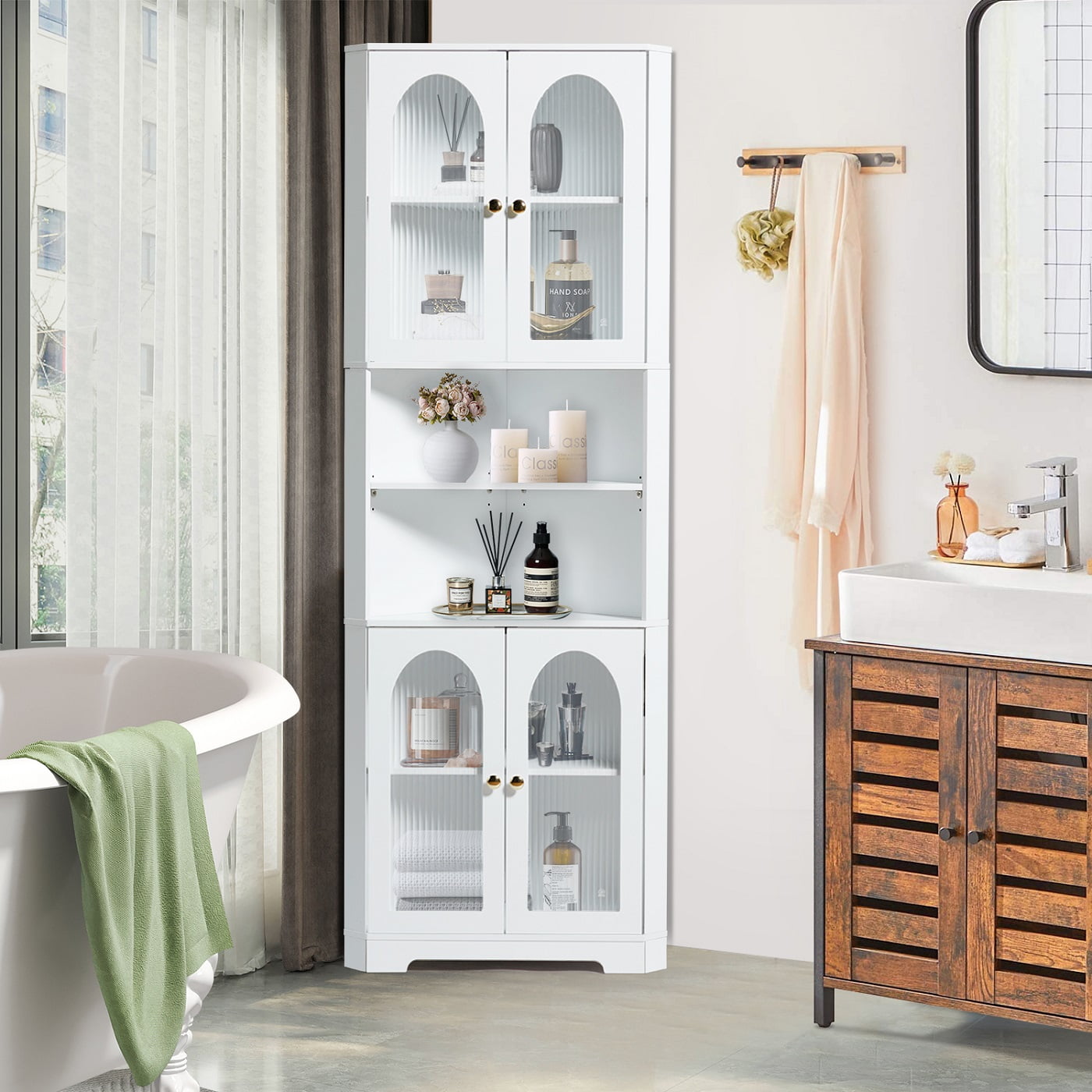 Smuxee Bathroom Tall Storage Cabinet with LED Lights,Corner Storage ...