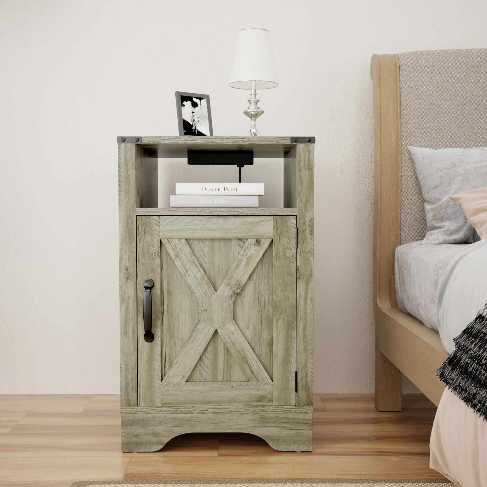 Smuxee Farmhouse Nightstand End Table with Charging Station and Door ...