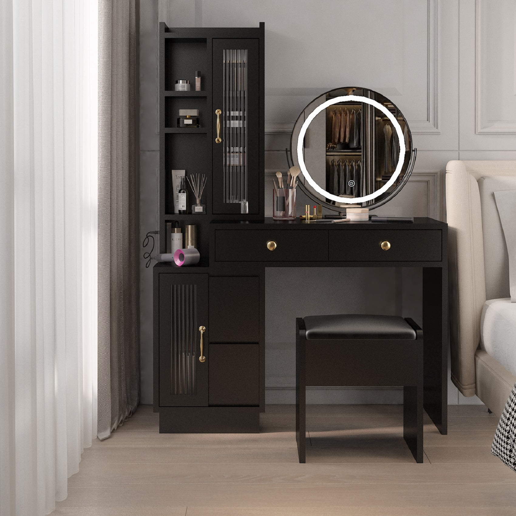 Smuxee Modern Black Vanity Set with LED Mirror and Charging Station ...