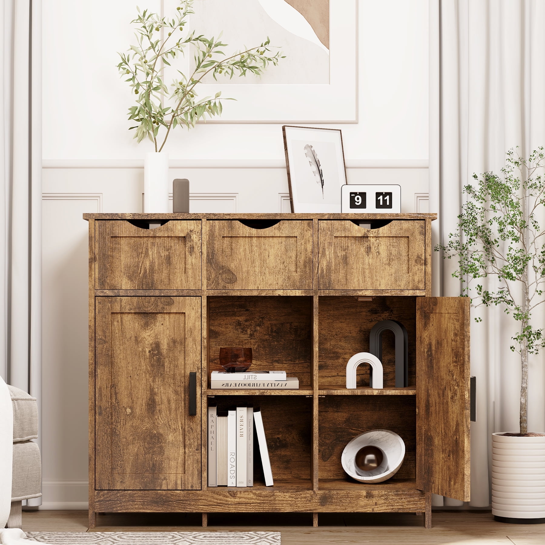 Smuxee Modern Storage Cabinets with 3 Drawer and Shelves,Living Room ...