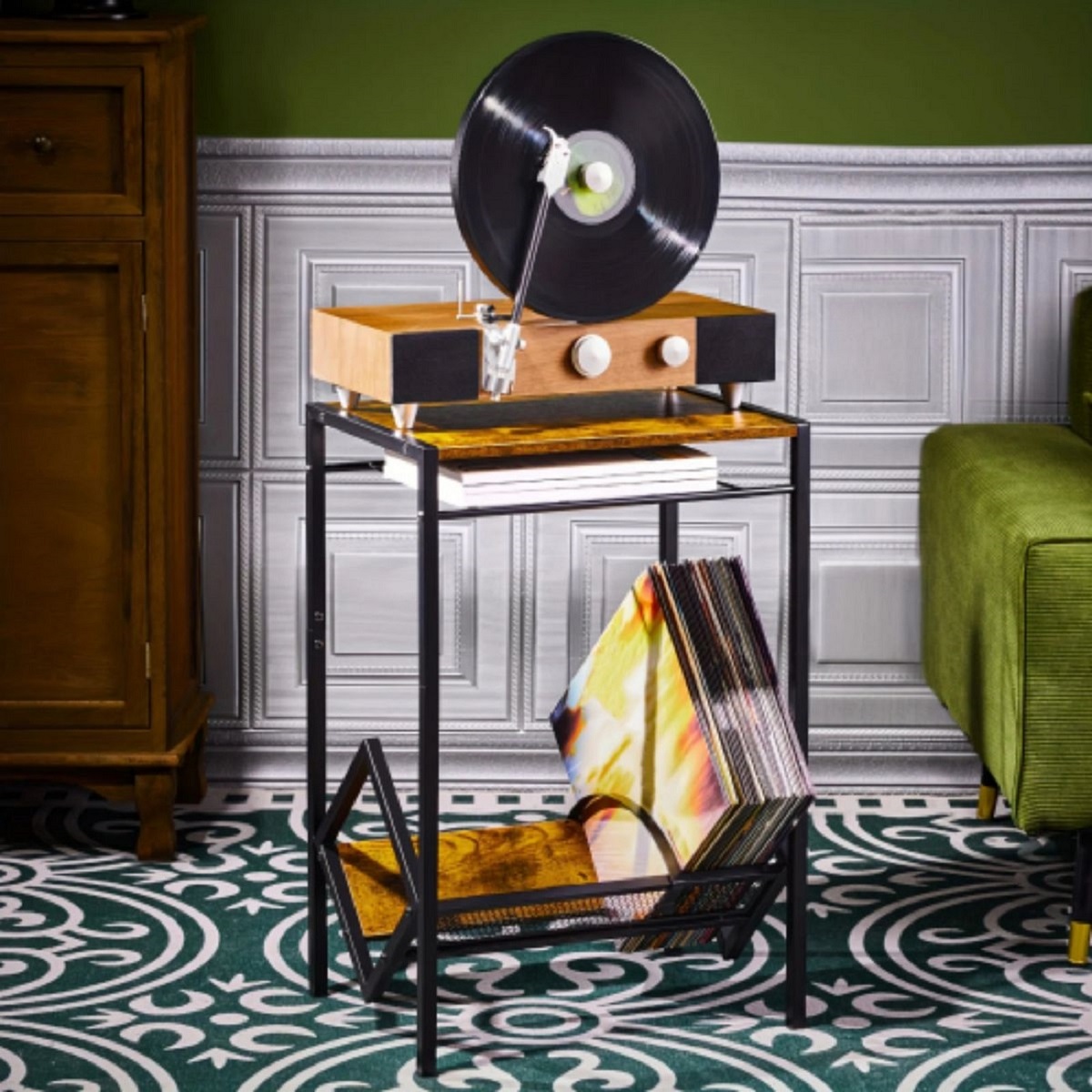 Smuxee Retro Record Player Stand for 100 Lps with Record Storage,Top ...