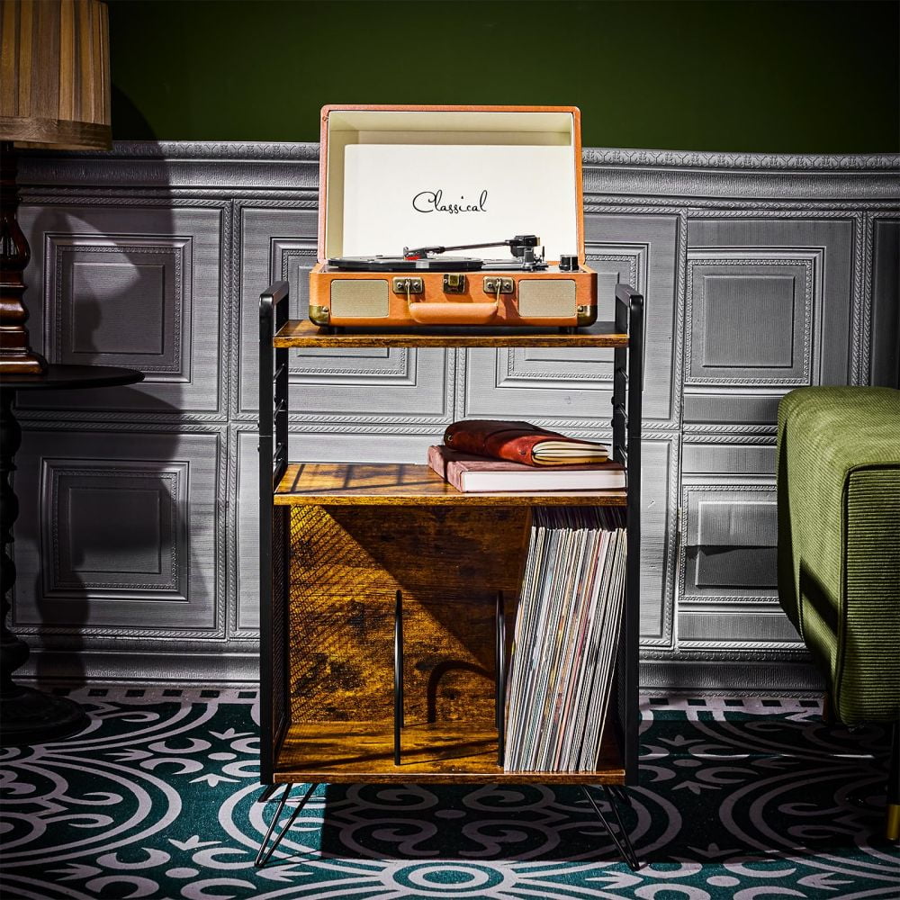 Smuxee Retro Record Player Stand with 3-Tier Record Storage,Living Room ...